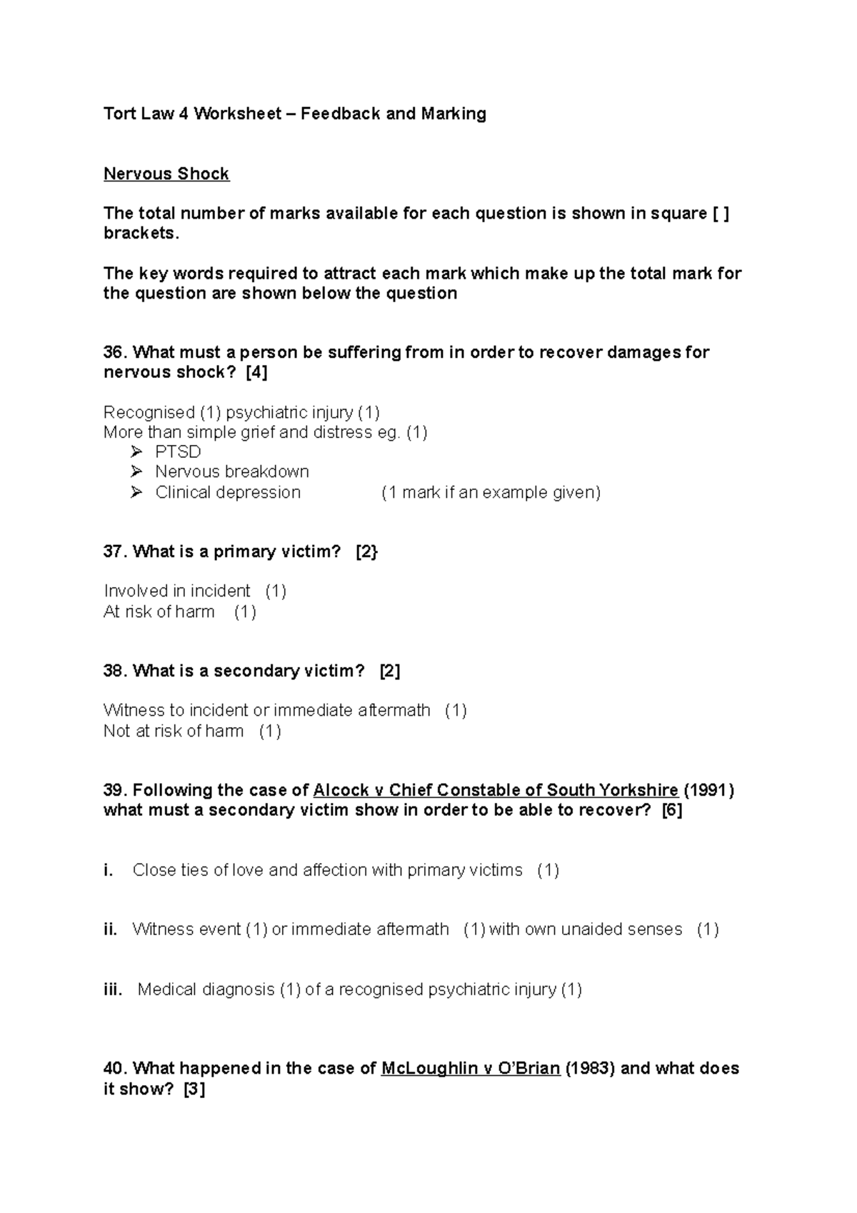 Tort Law Worksheet 4 Answers - Tort Law 4 Worksheet – Feedback and ...