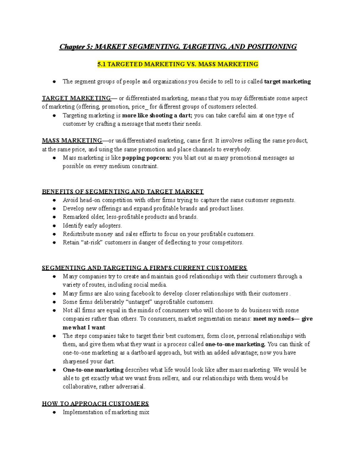 Marketing midterm notes - Chapter 5: MARKET SEGMENTING, TARGETING, AND ...