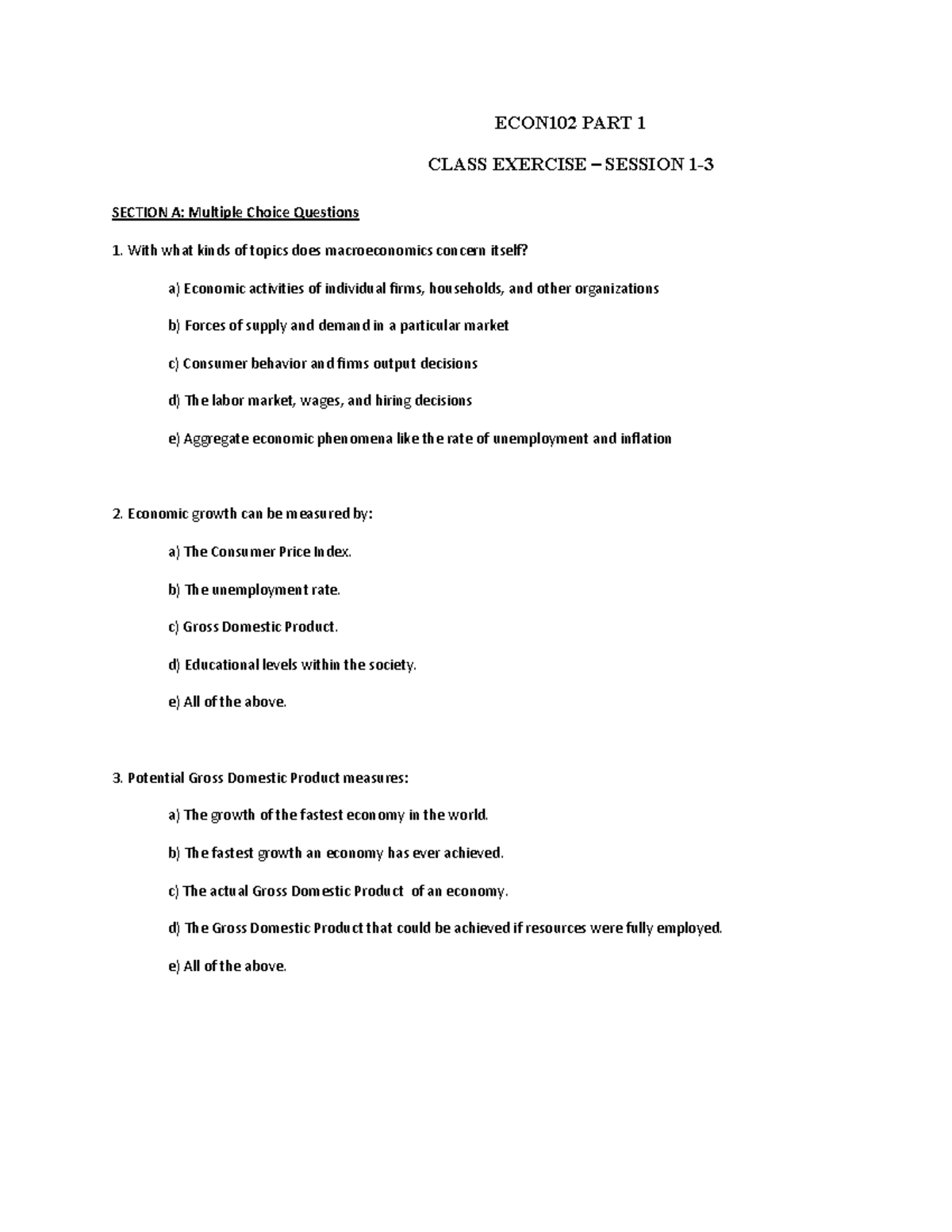 Exercise 1 - XCRCISE REGARDING TOPCS 1 & 2 - ECON102 PART 1 CLASS EXERCISE – SESSION 1- SECTION ...