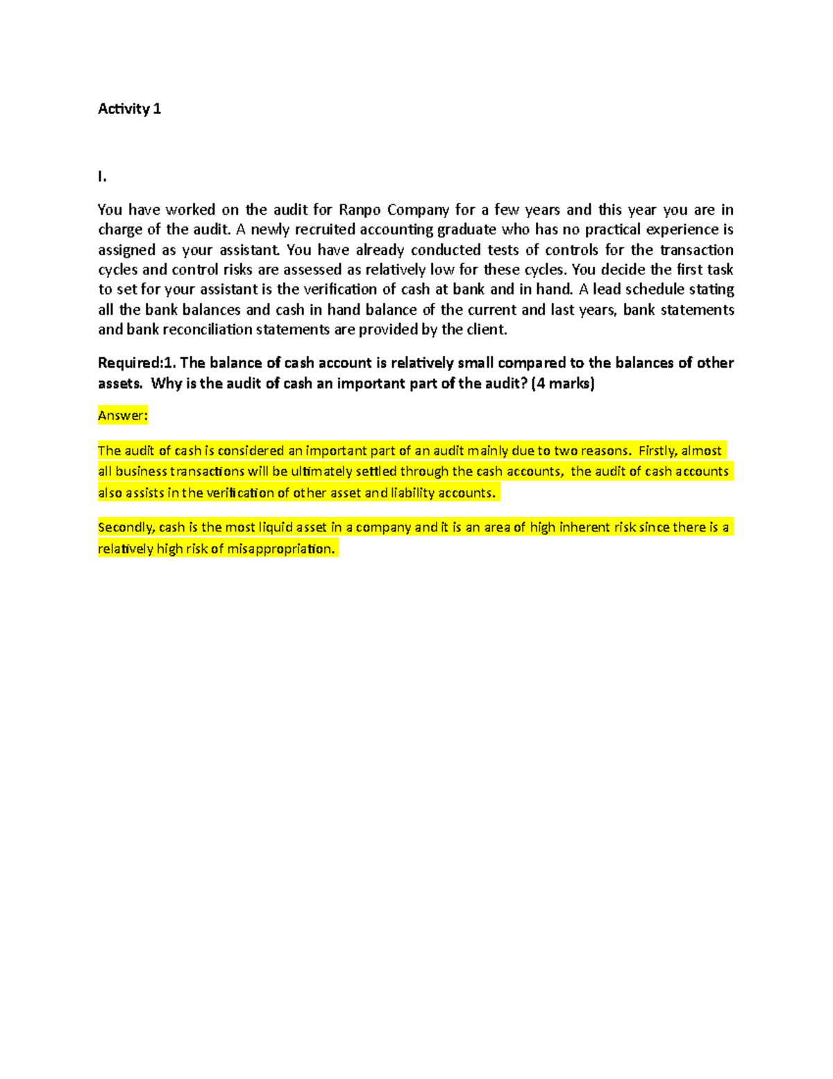 Activity 1 1 - Auditing - Activity 1 I. You have worked on the audit ...