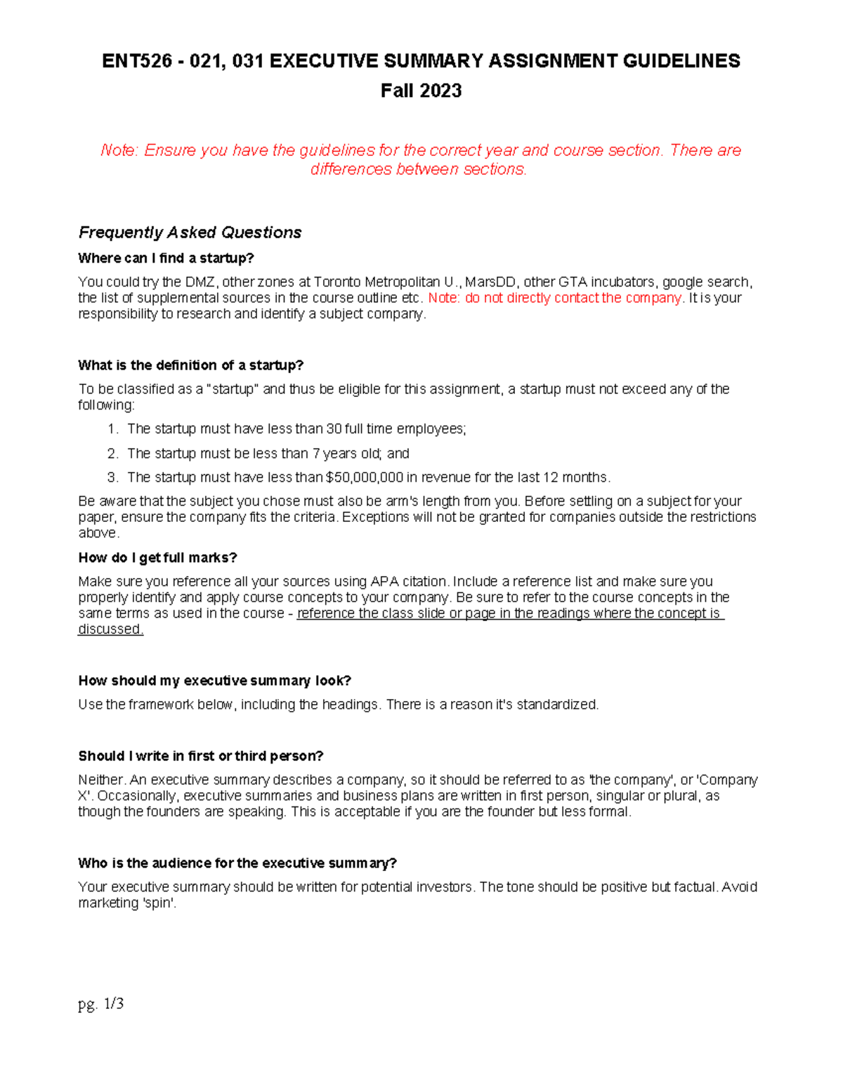 ENT526-021, 031 Executive Summary Guidelines F23 - ENT526 - 021, 031 ...