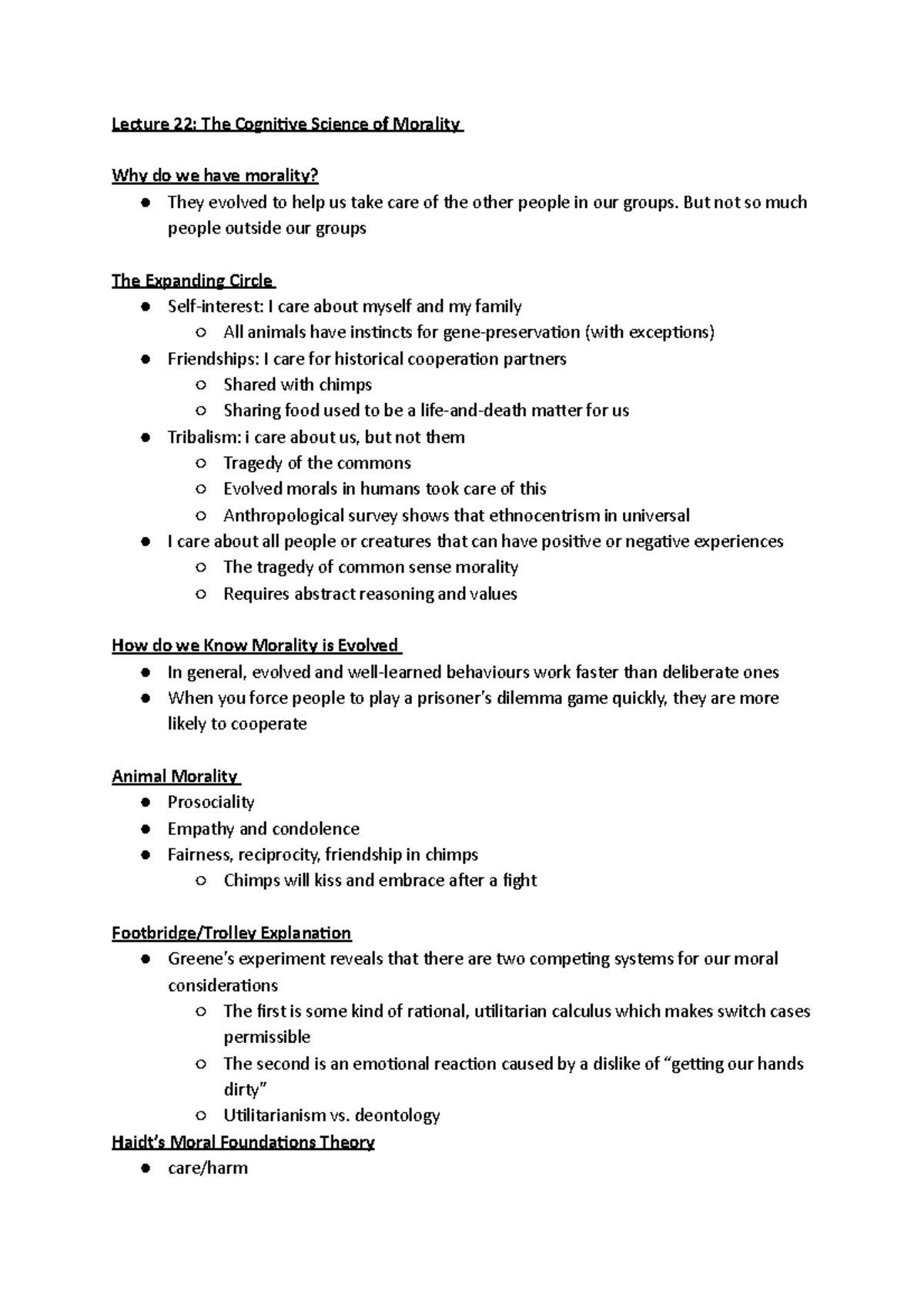 CGSC Lecture 22 - Lecture 22: The Cognitive Science of Morality Why do ...