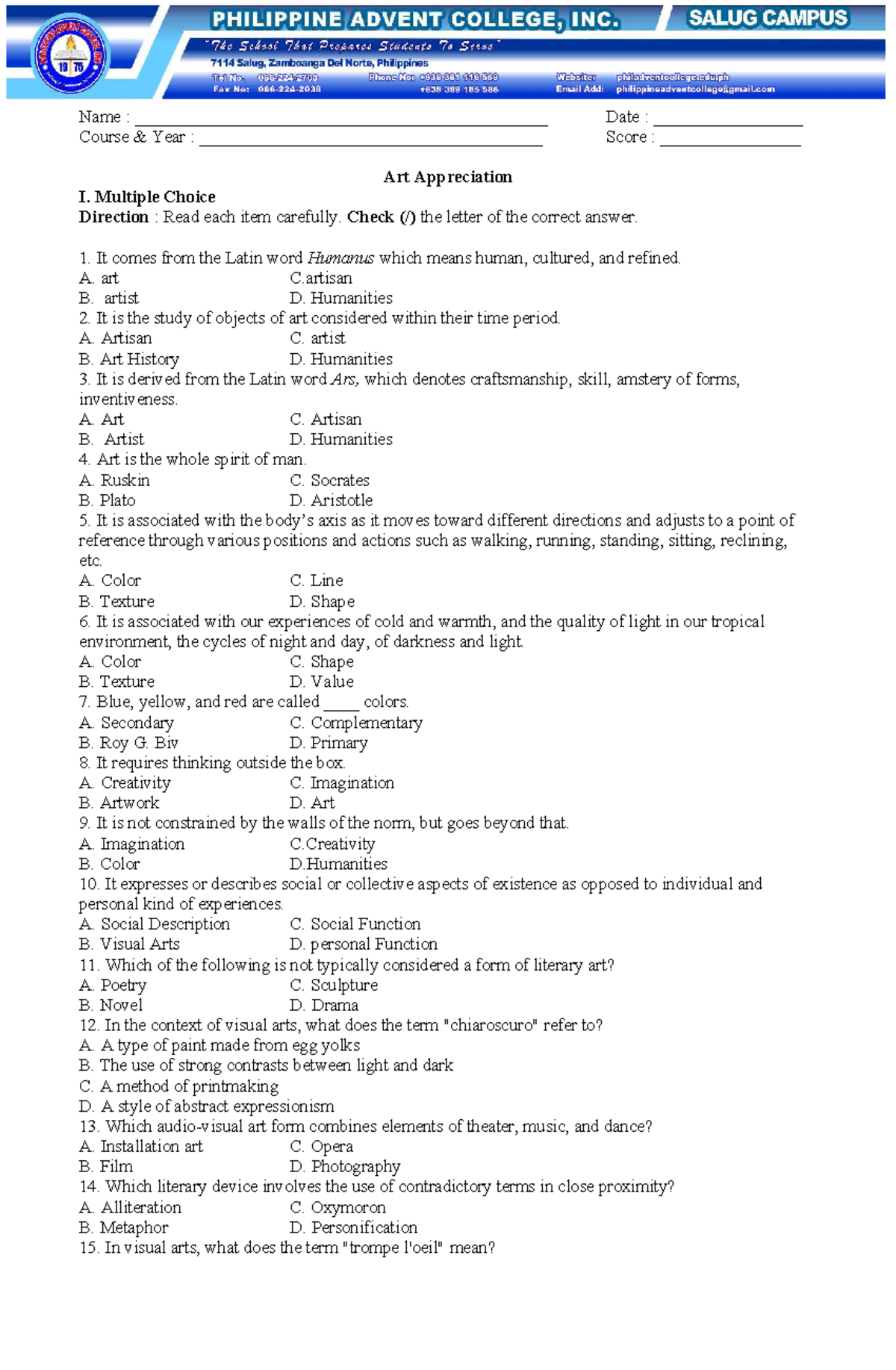 Test paper for art appreciation - Name ...