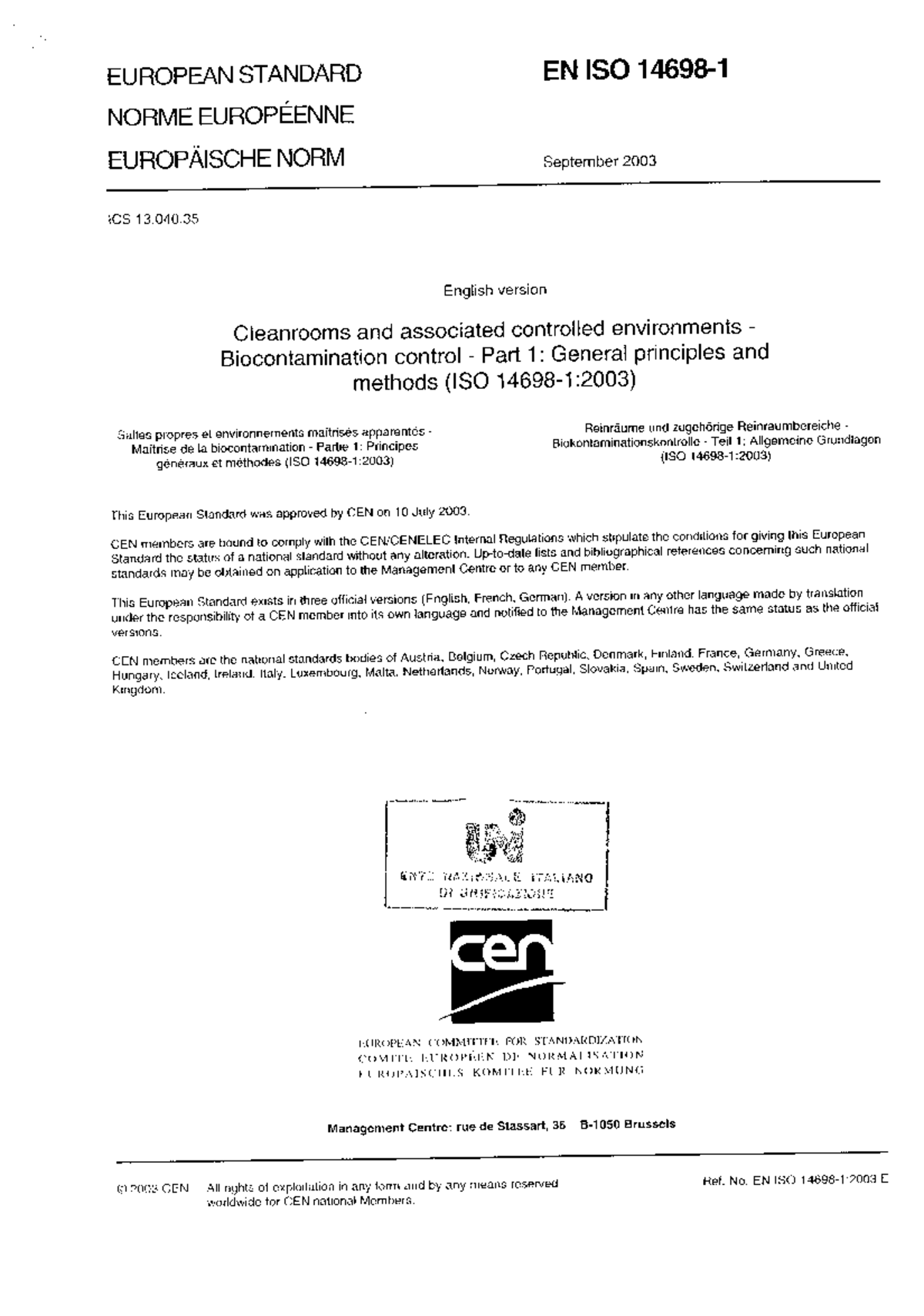 14698-1 - ASSESEMENT WORK - EUROPEAN STANDARD EN ISO NORME EUROPEENNE EUROPAISCHE NORM September ...