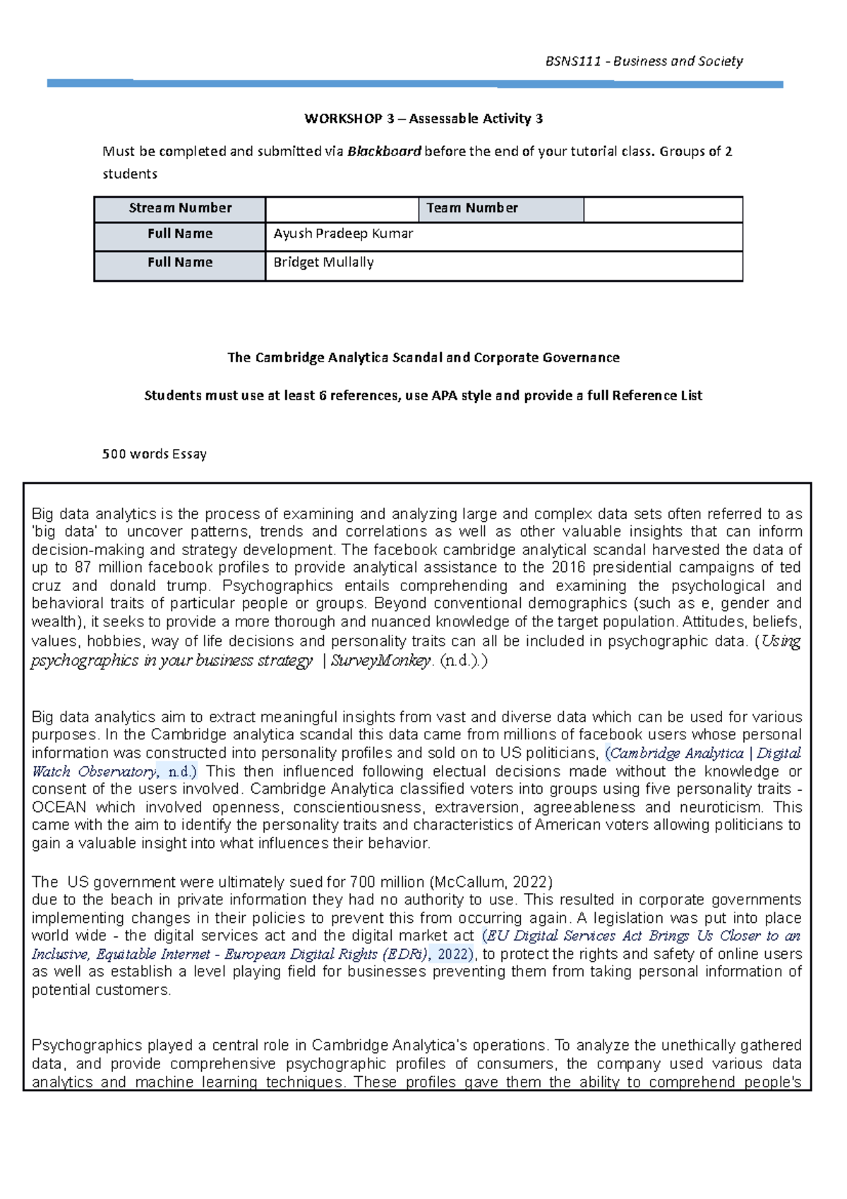 Workshop 3 worksheet 2023 - WORKSHOP 3 – Assessable Activity 3 Must be ...