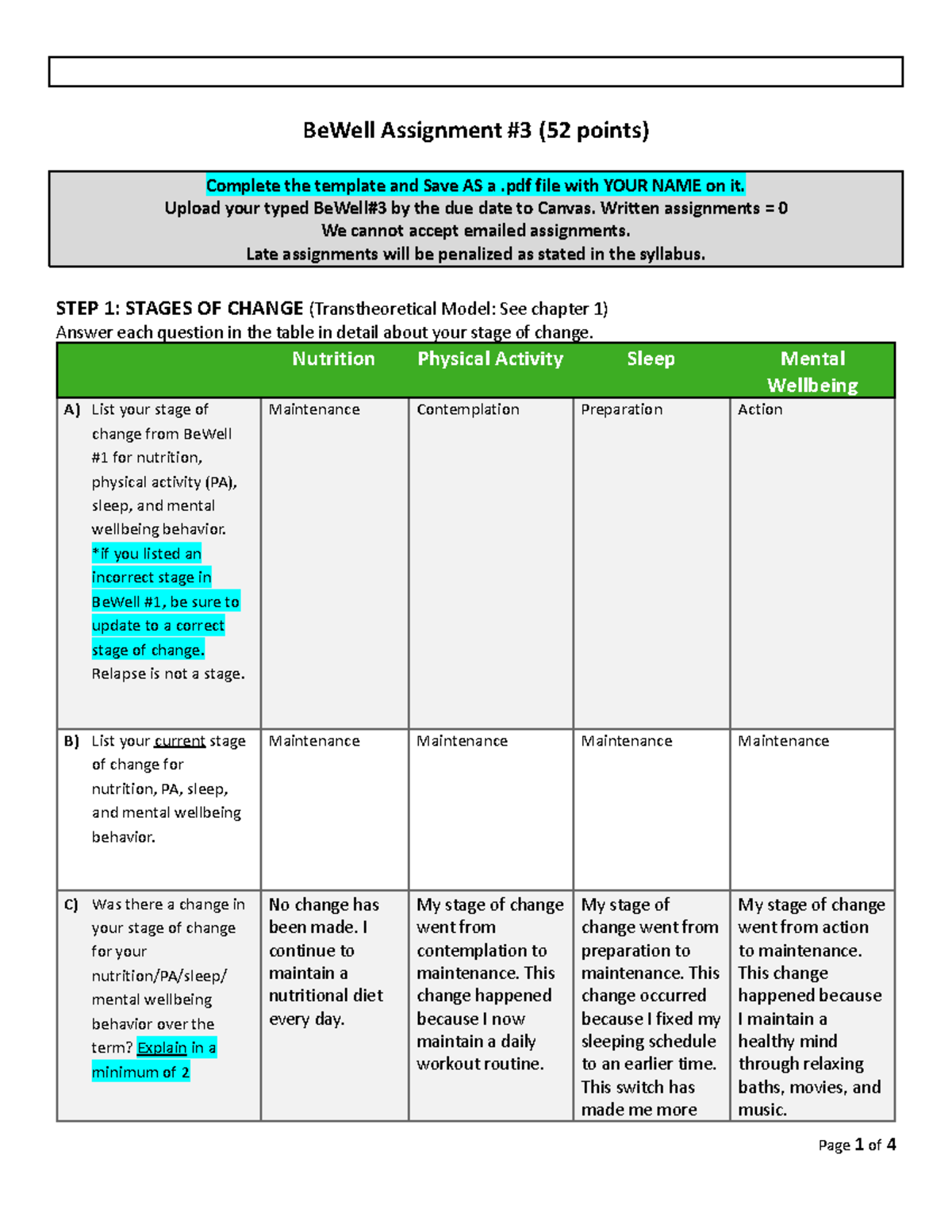 Be Well Assignment 3 - pdf file with YOUR NAME on it. Upload your typed ...