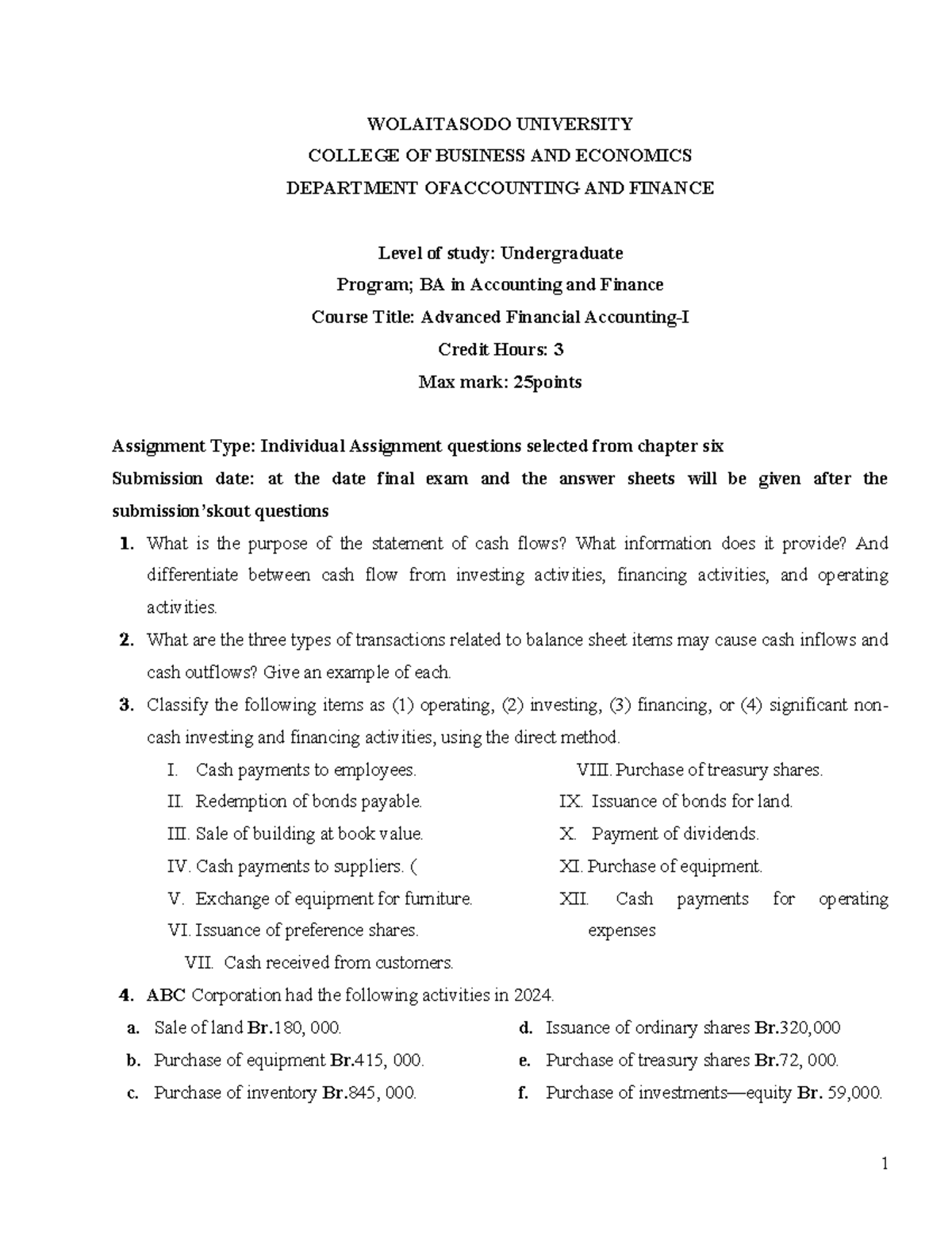 Advanced Financial Accounting-I individual and group assignment for BA ...
