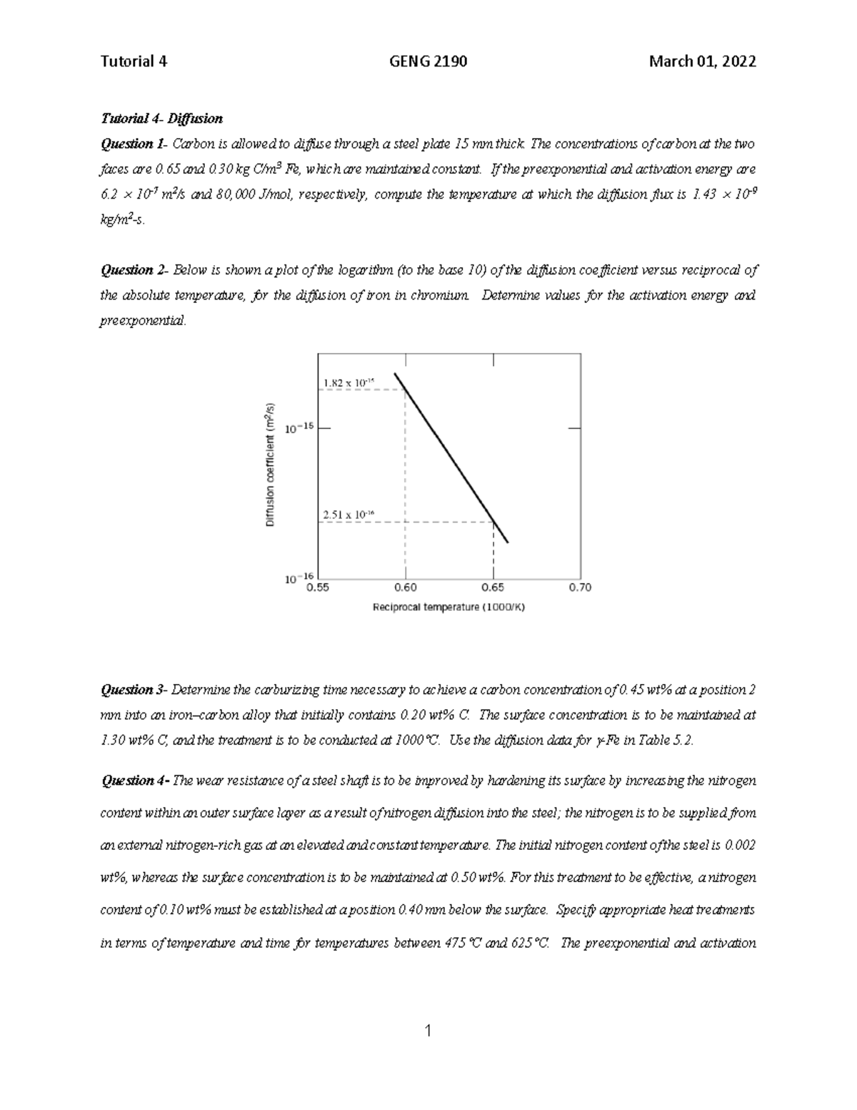 Tutorial 4-Questions - Study Guide - Tutorial 4 GENG 2190 March 01, 2022 1 Tutorial 4- Diffusion ...