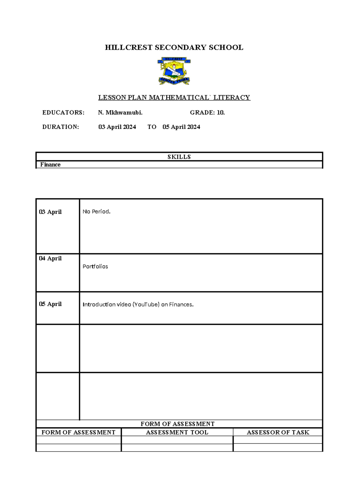 Grade 10 Lesson Plan T2 week 1 Maths Lit - HILLCREST SECONDARY SCHOOL ...