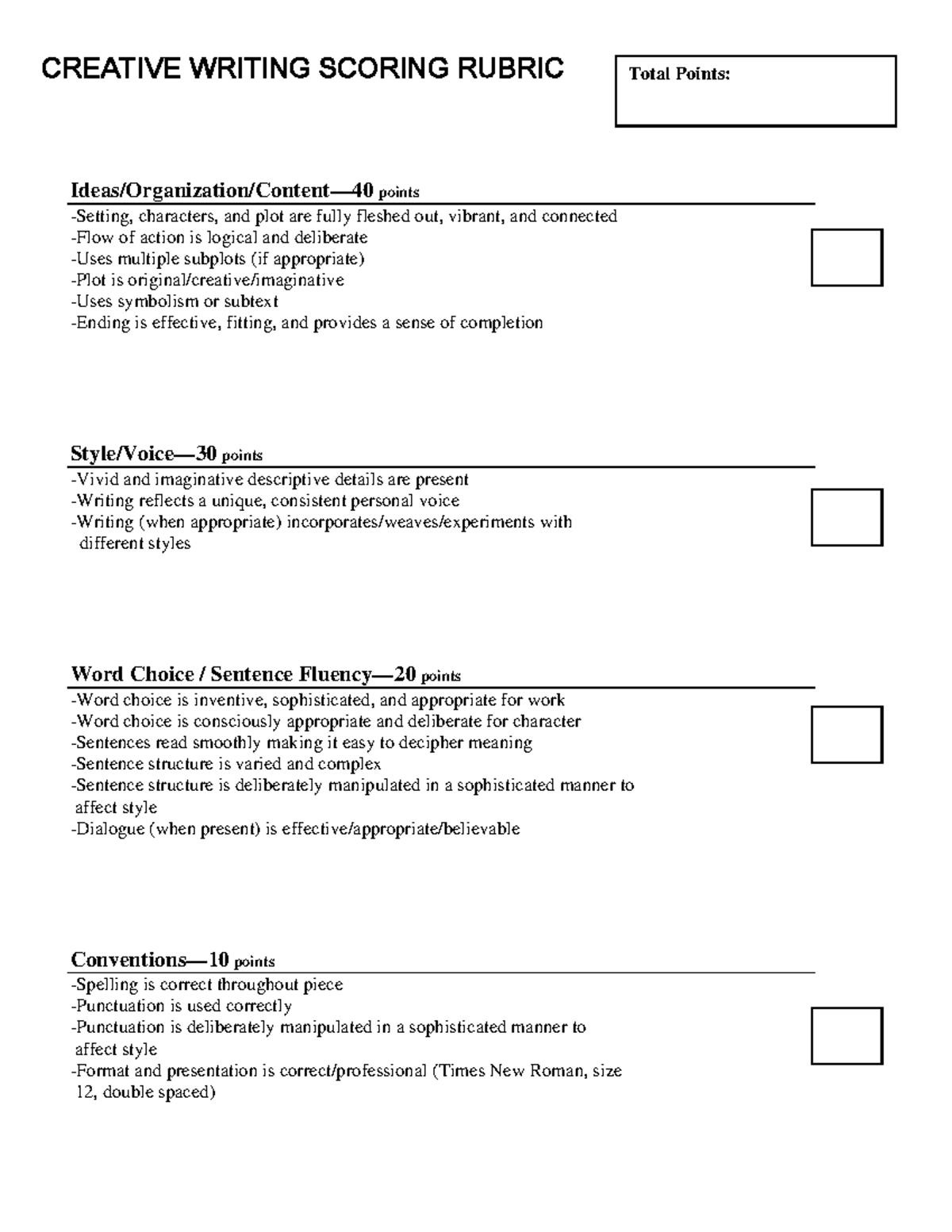 Creative Writing Scoring Rubric - CREATIVE WRITING SCORING RUBRIC Total ...