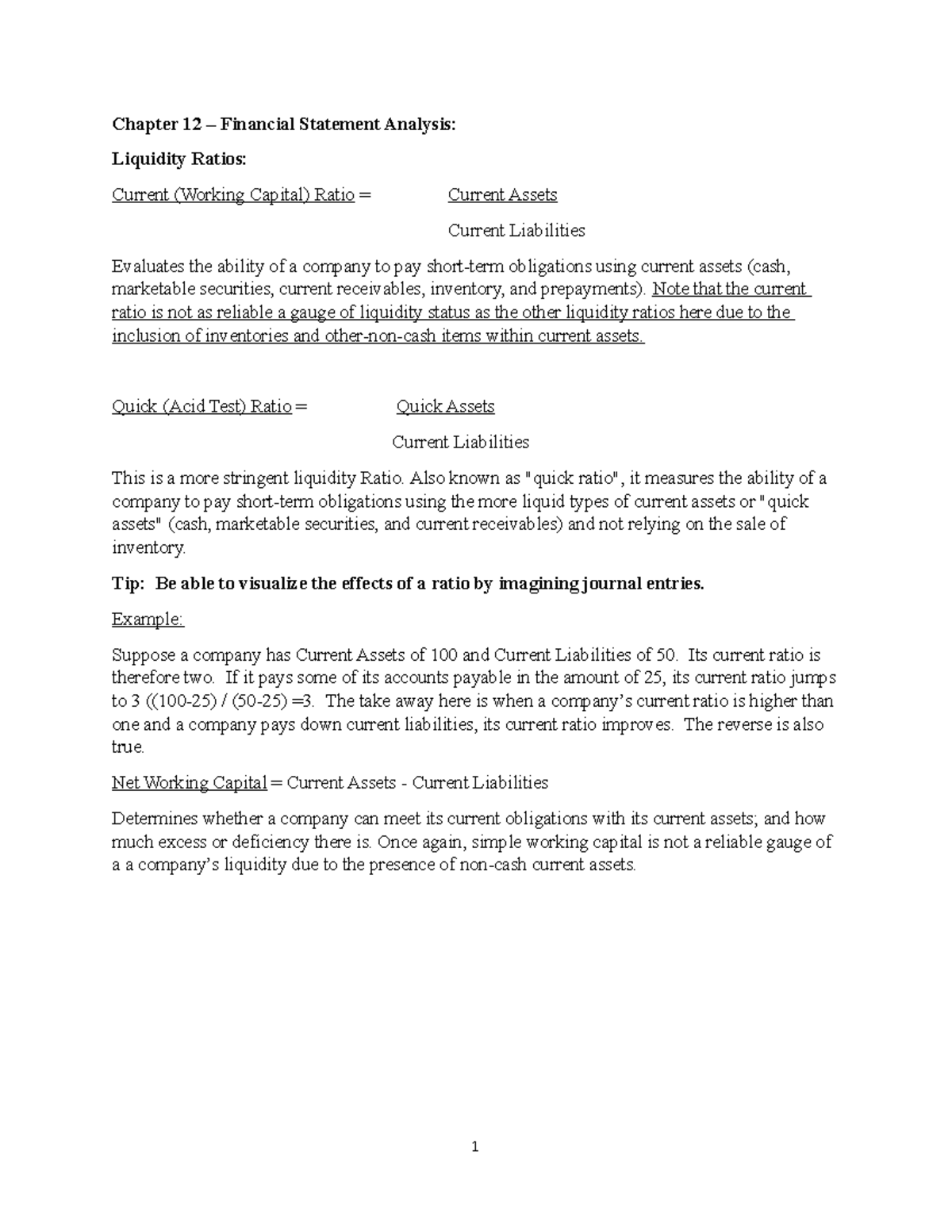 Chapter 12 Notes - Chapter 12 – Financial Statement Analysis: Liquidity ...