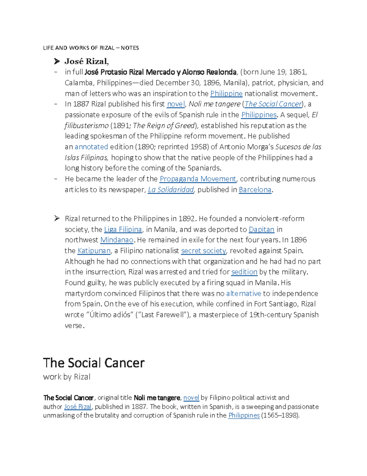 LIFE AND Works OF Rizal - LIFE AND WORKS OF RIZAL – NOTES José Rizal ...