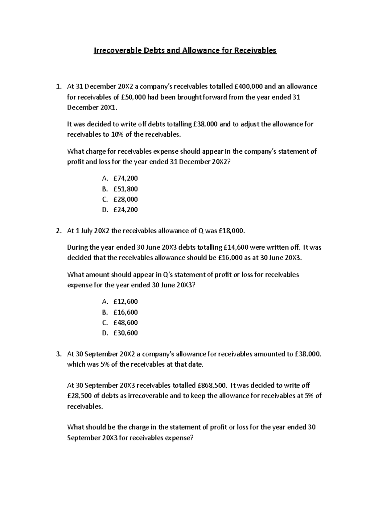Irrecoverable Debts and Allowance for Receivables Questions ...