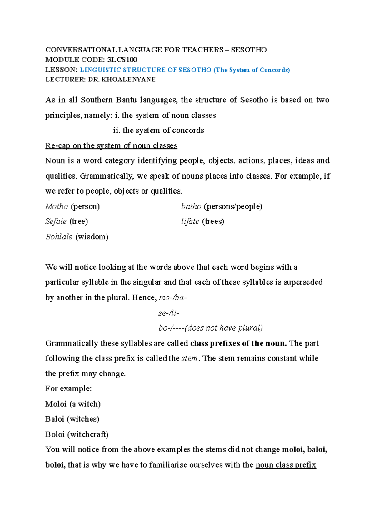 Linguistic Structure OF Sesotho (The System of Concords ...