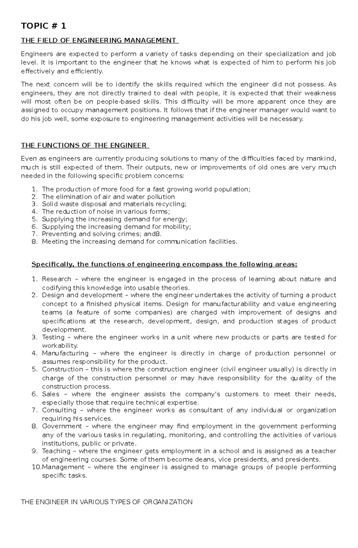 Topic 1 Field of Engineering Management - Bachelor of Science in Civil ...