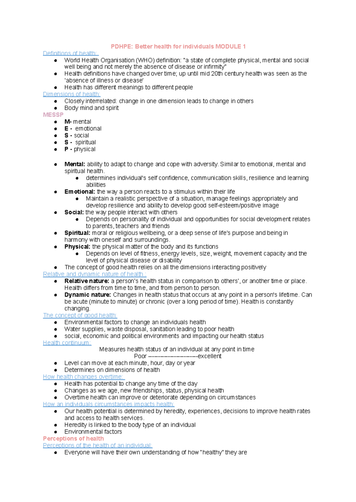 Pdhpe notes - PDHPE: Better health for individuals MODULE 1 Definitions ...