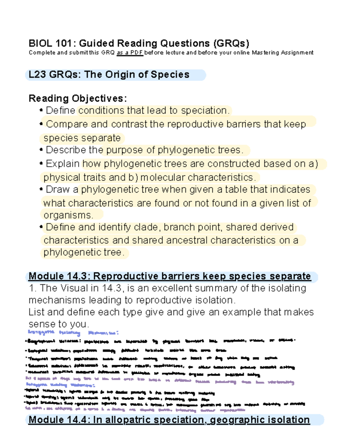 Lesson 23 GRQs The Origin of Species - BIOL 101: Guided Reading ...