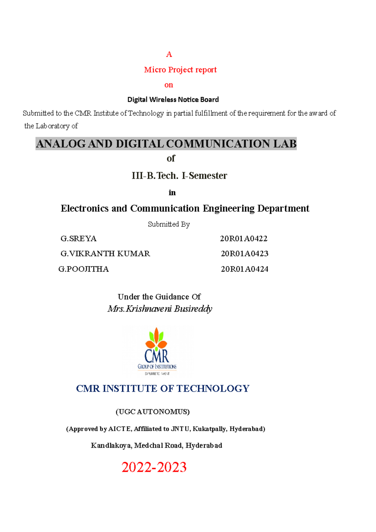 ADC microproject - I need this notes - ####### A ####### Micro Project ...