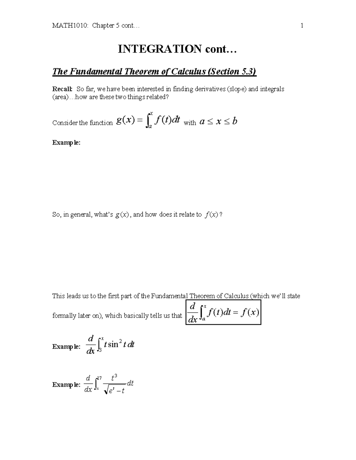 Mod10a ftcindef - Lecture notes 16 - INTEGRATION cont... The ...