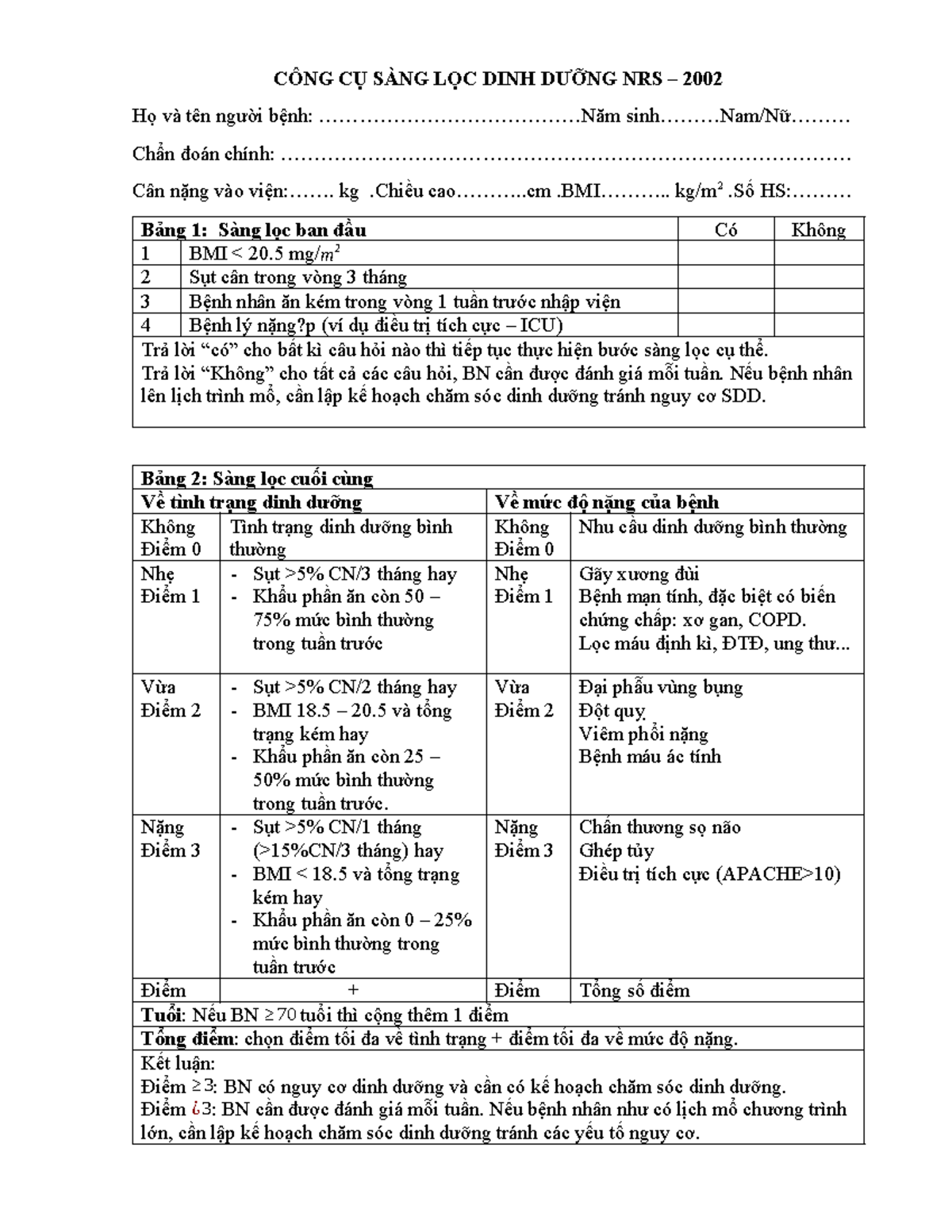 Cong cu sang loc dinh duong NRS - CÔNG CỤ SÀNG LỌC DINH DƯỠNG NRS – 2002 Họ và tên người bệnh ...