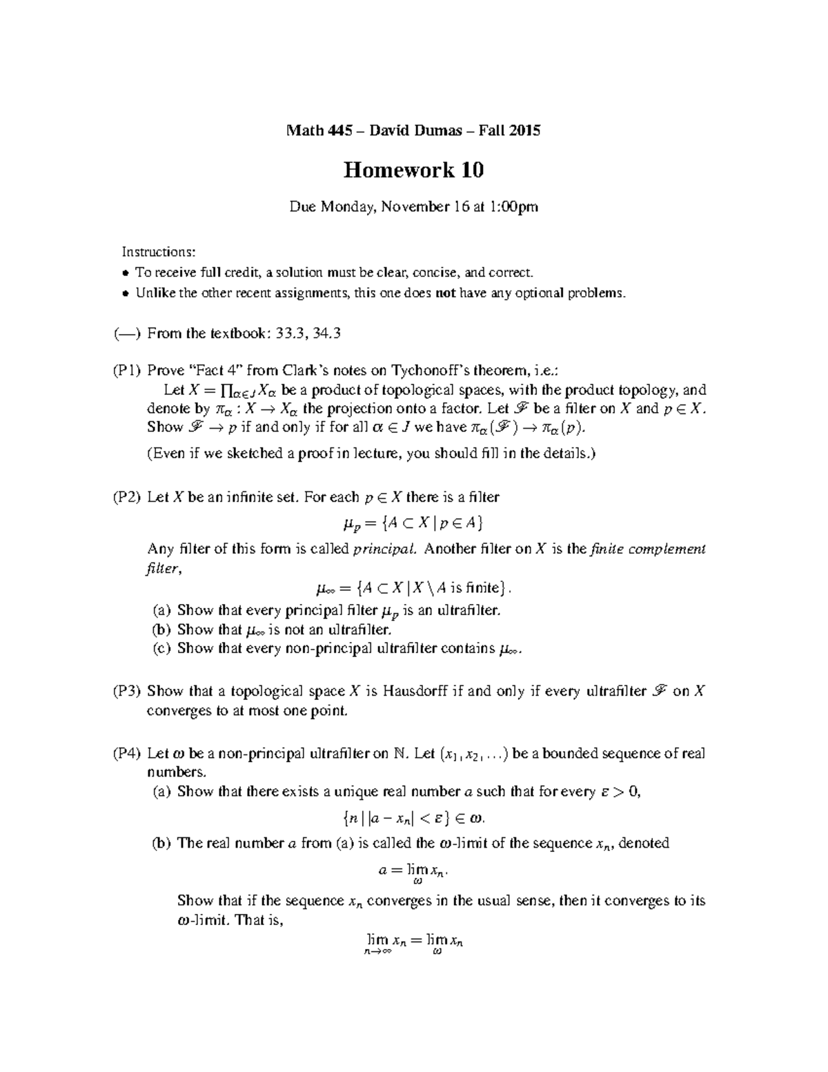 Math 445 - homework 10 - Math 445 David Dumas Fall 2015 Homework 10 Due ...