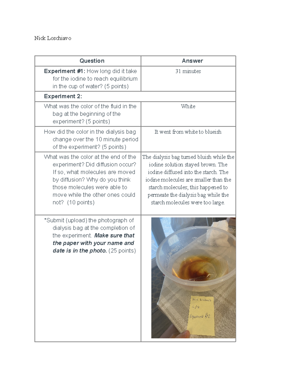 Lab Excersize #7 - lab 7 work for bio 1 - Nick Loschiavo Question Answer Experiment #1: How long ...