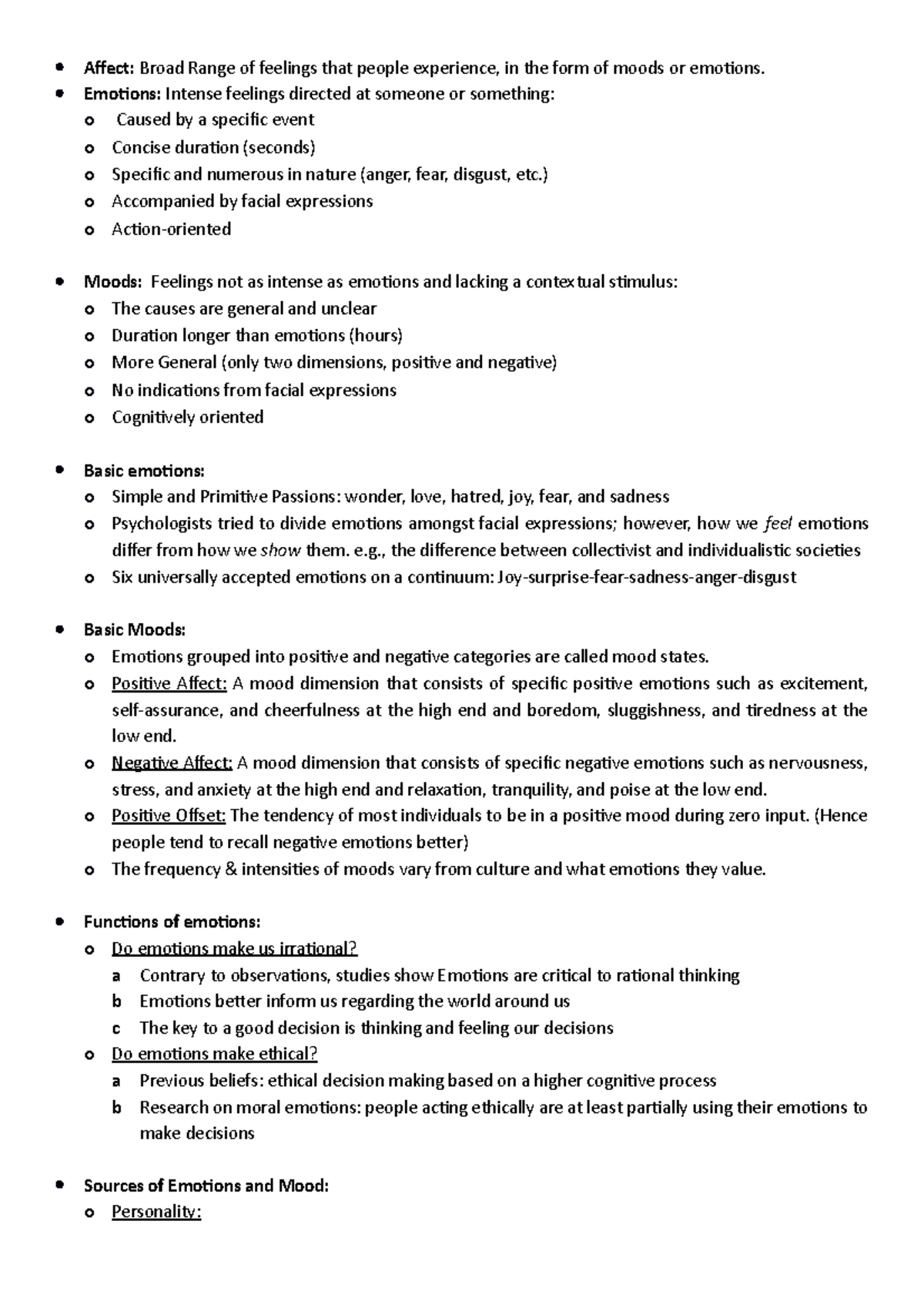 Notes CH4 - Affect: Broad Range of feelings that people experience, in ...