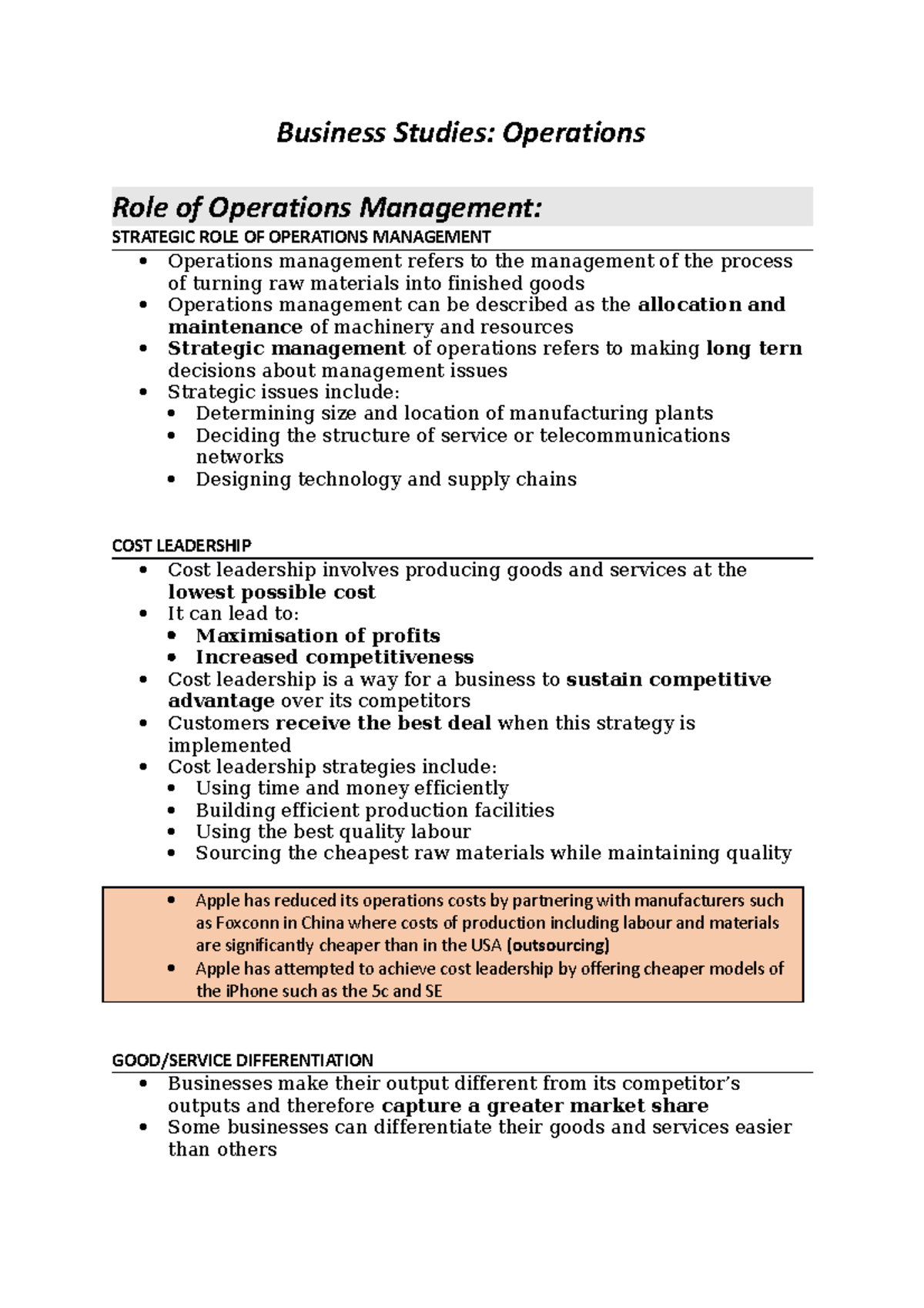 Business Studies-Operations - Business Studies: Operations Role of ...