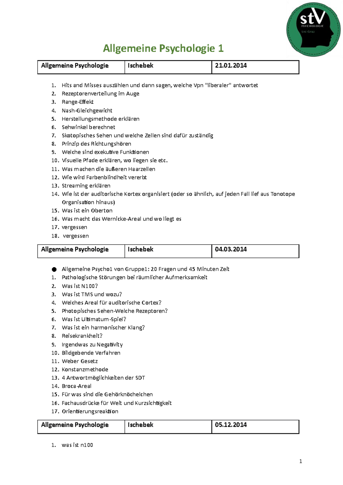 Altfragensammlung von Studienvertretung - Allgemeine Psychologie 1 Allgemeine Psychologie ...