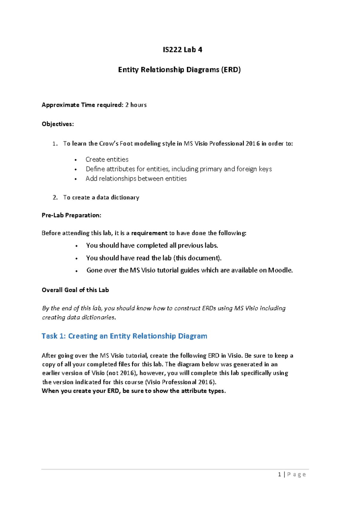 Lab 4 - S222 Week 8 Revisiom - IS222 Lab 4 Entity Relationship Diagrams (ERD) Approximate Time ...