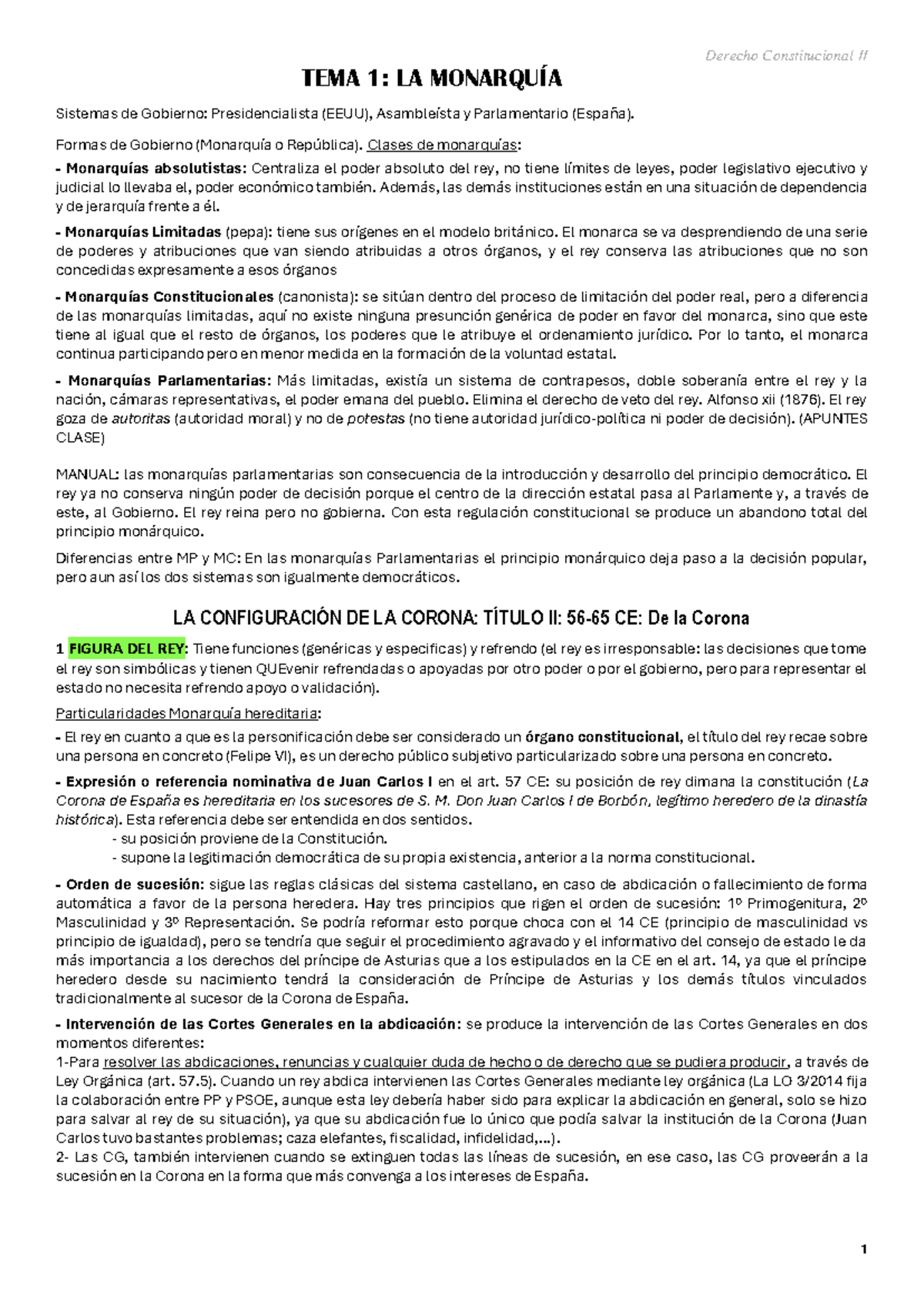 TEMA 1 Consti II - profesor jorge lopez - TEMA 1: LA MONARQUÍA Sistemas de Gobierno: - Studocu