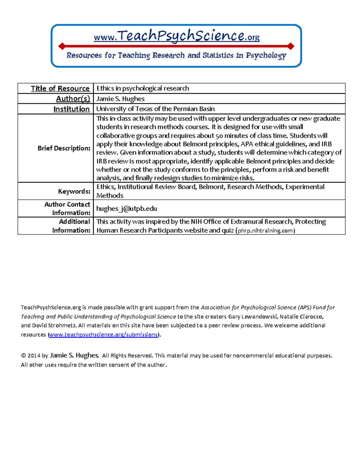 Activity Ethics in Psychological Research - Title of Resource Ethics in ...