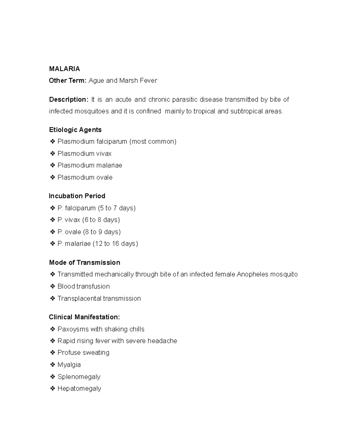 Malaria - NOTES - MALARIA Other Term: Ague and Marsh Fever Description ...