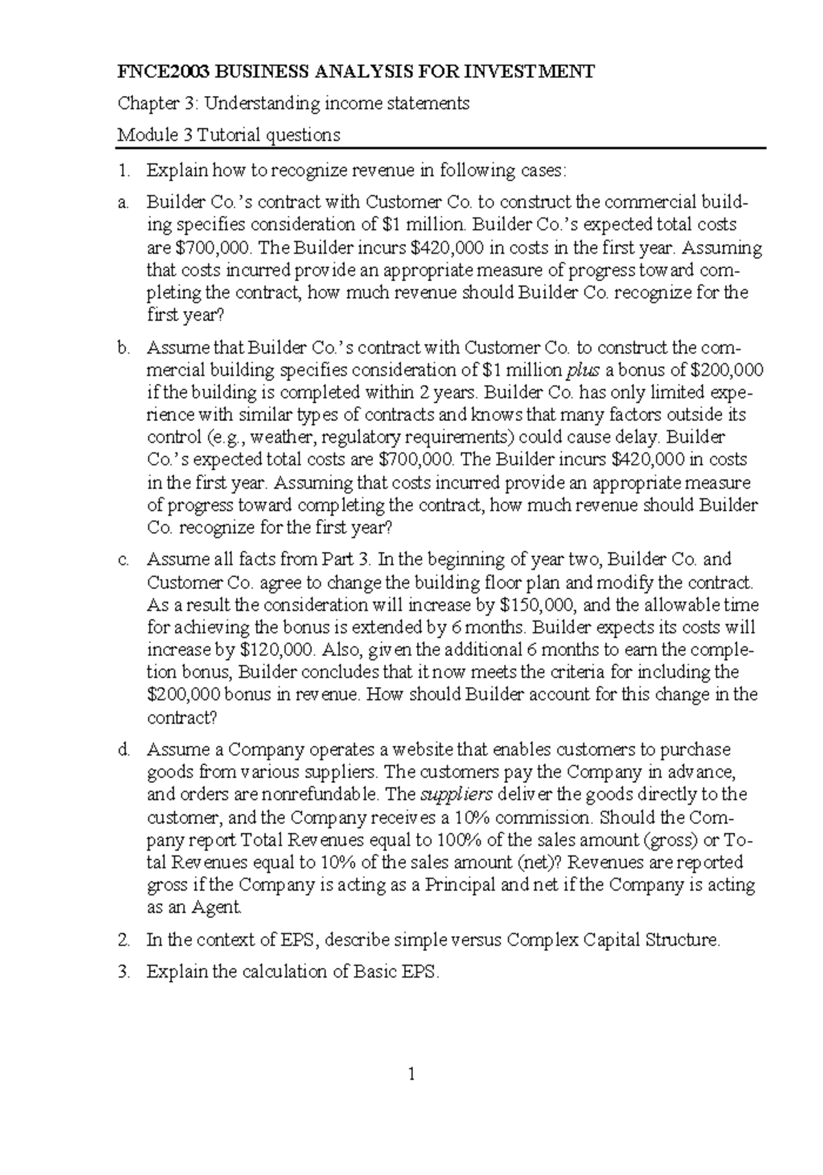 M03 - Tutorial Questions - 1 FNCE2003 BUSINESS ANALYSIS FOR INVESTMENT ...