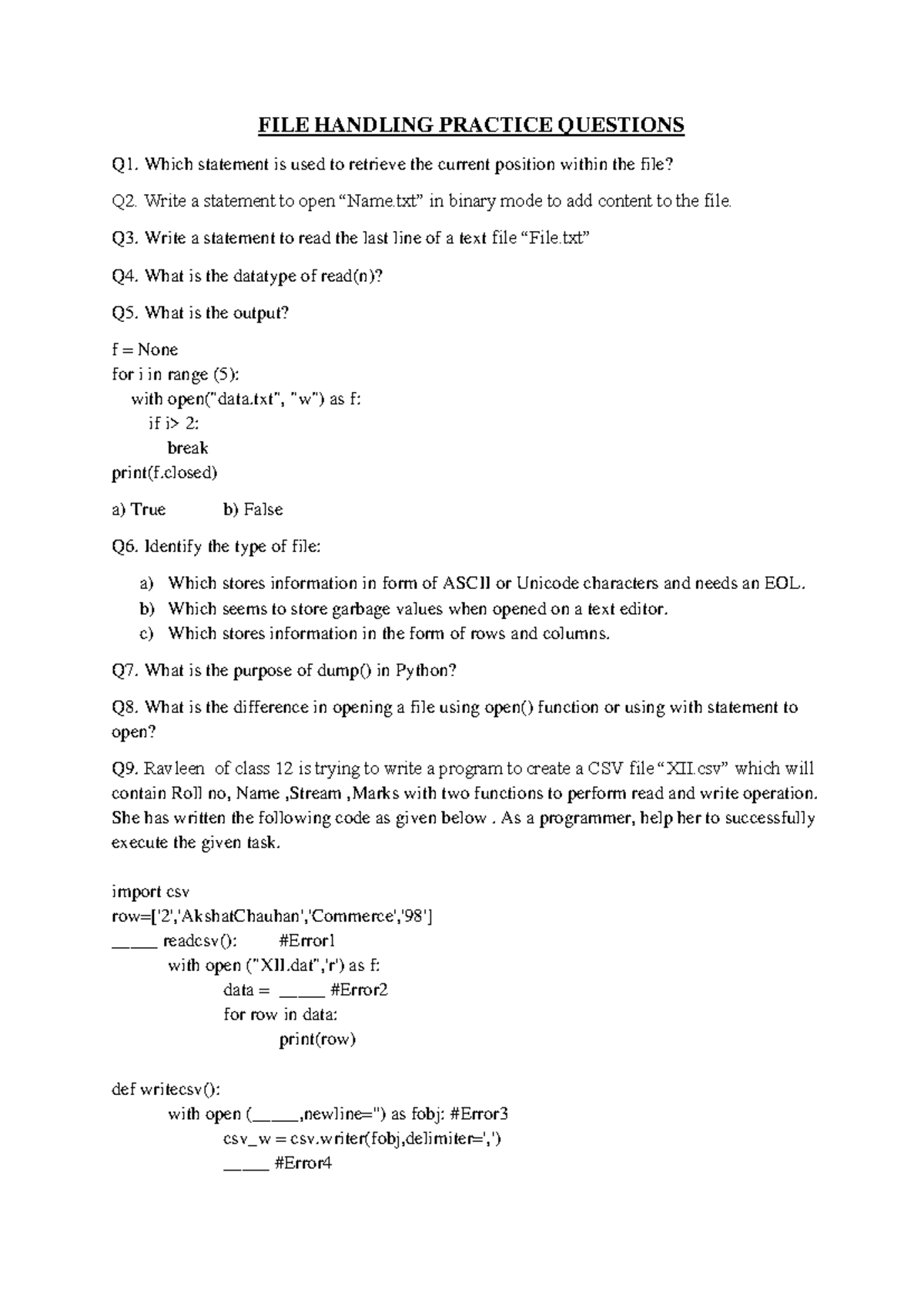 CS File PQs - Practice questions - FILE HANDLING PRACTICE QUESTIONS Q1 ...