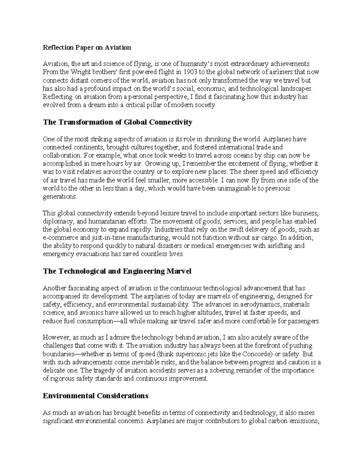 Reflection Paper on Aviation - Reflection Paper on Aviation Aviation ...