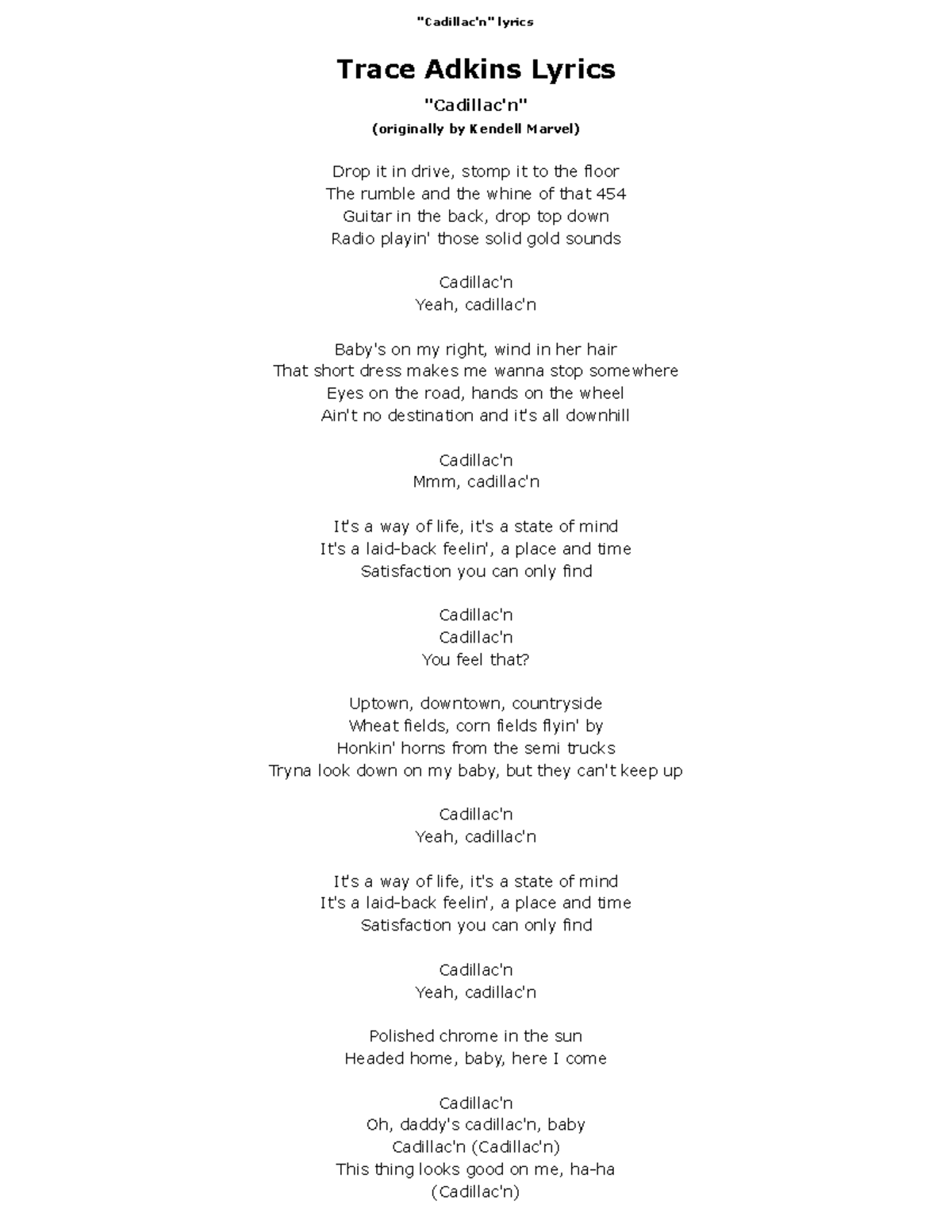 Trace Adkins - Cadillac'n Lyrics AZLyrics - "Cadillac'n" lyrics Trace ...