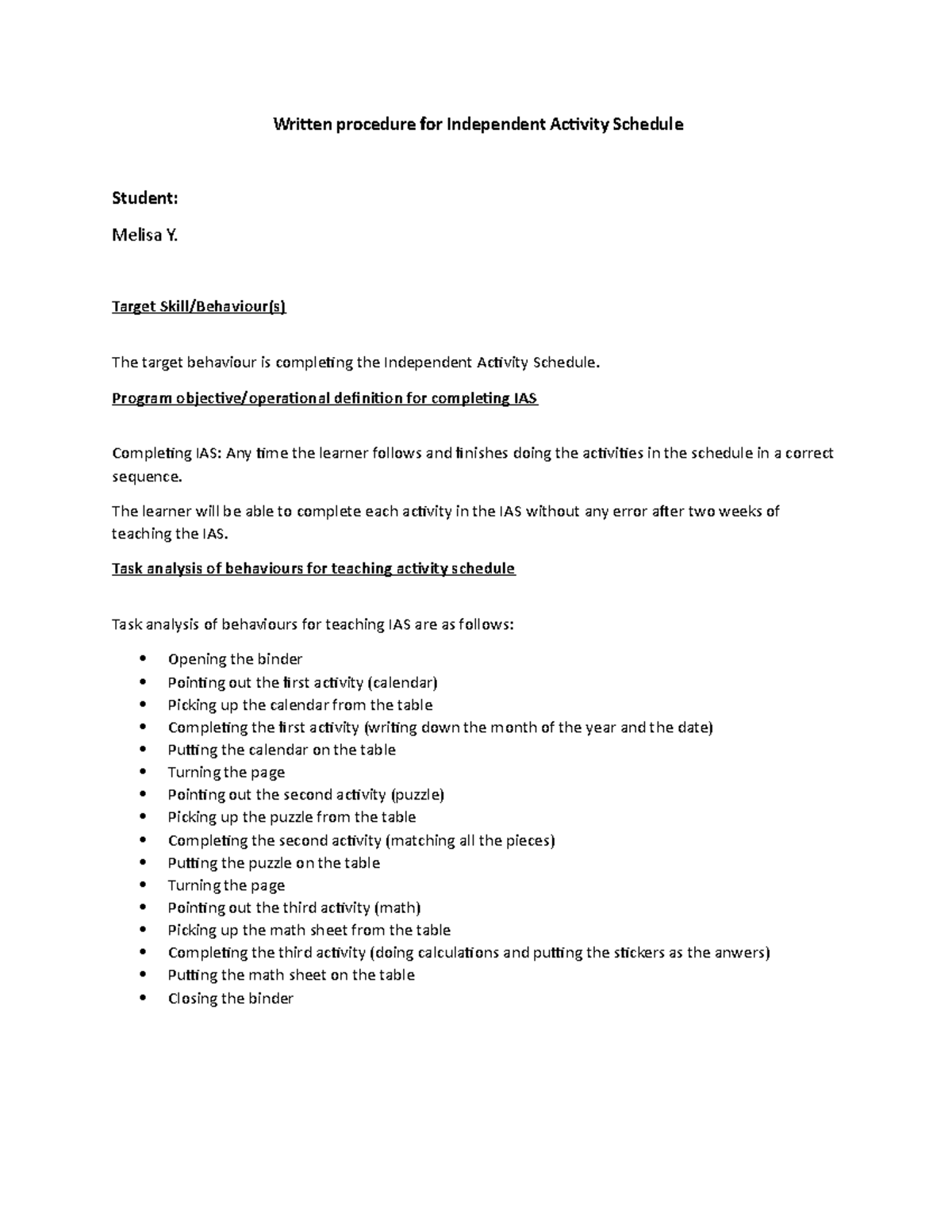 IAS (Independent Activity Schedule) - Writen procedure for Independent ...