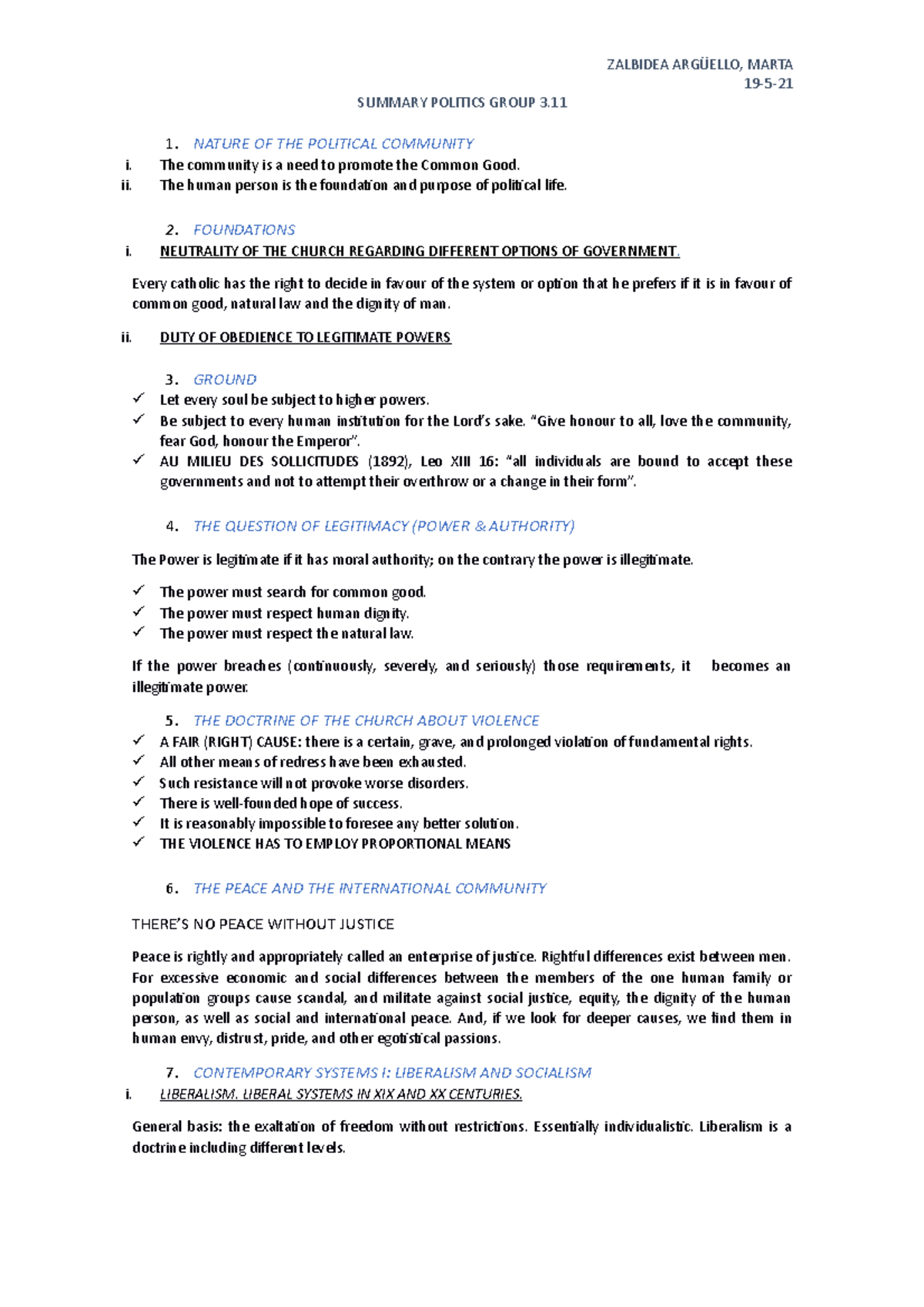 Summary Politics - Teoria - 19-5- SUMMARY POLITICS GROUP 3. 1. NATURE ...