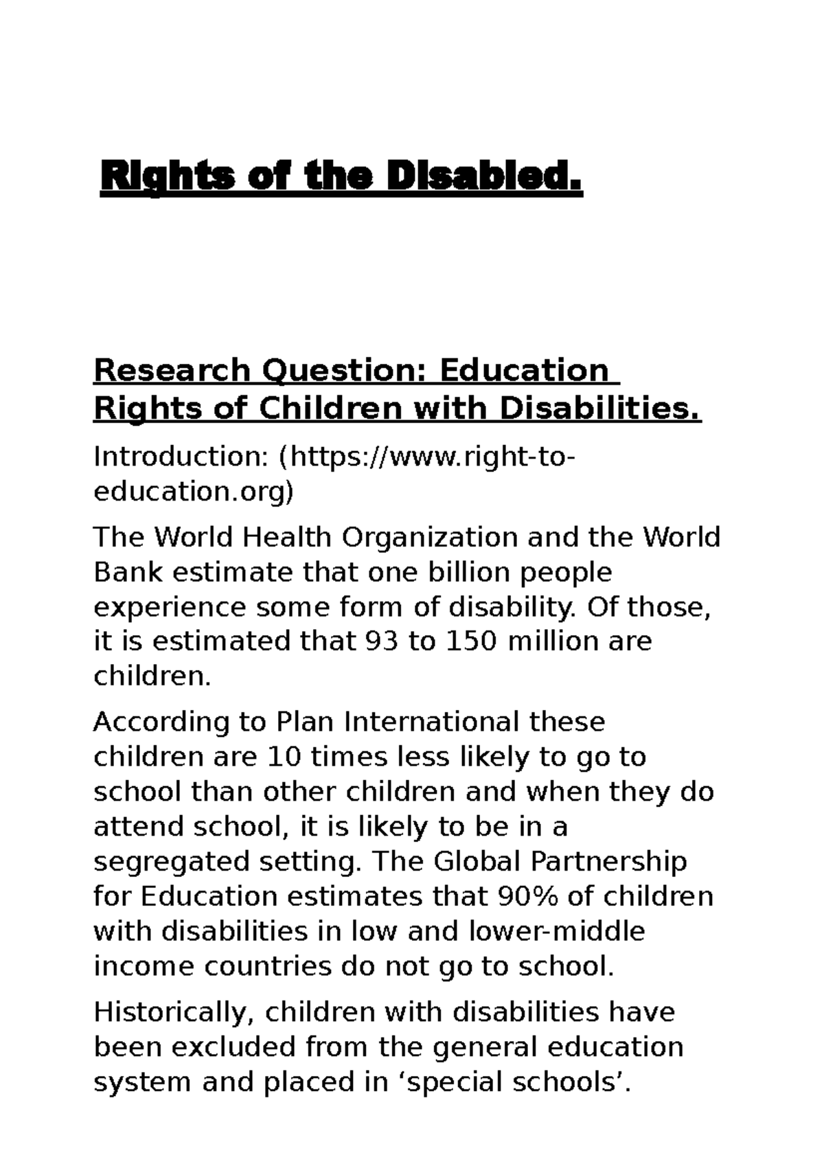 Rights of the Disabled - Research Question: Education Rights of ...