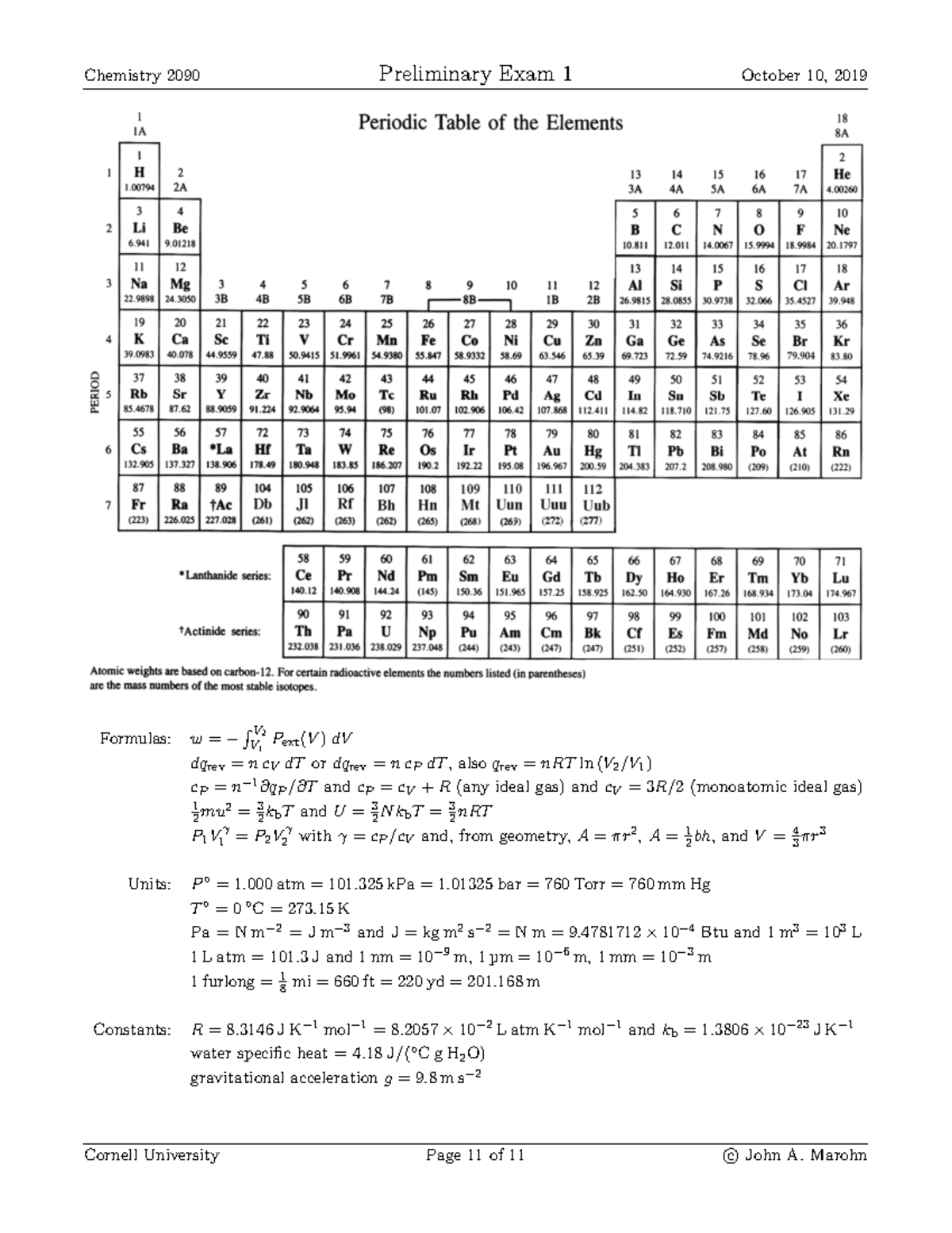 Formula sheet and periodic table - Chemistry 2090 Preliminary Exam 1 ...