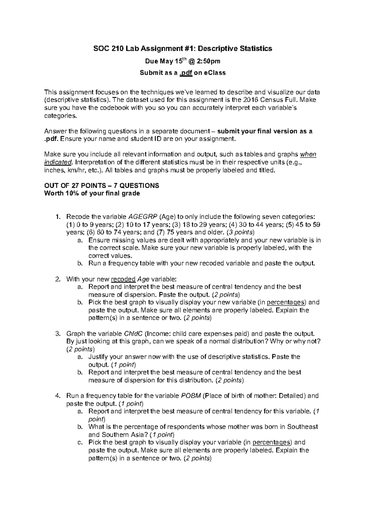 Soc 210 Lab Assignment 1 Soc 210 Lab Assignment 1 Descriptive