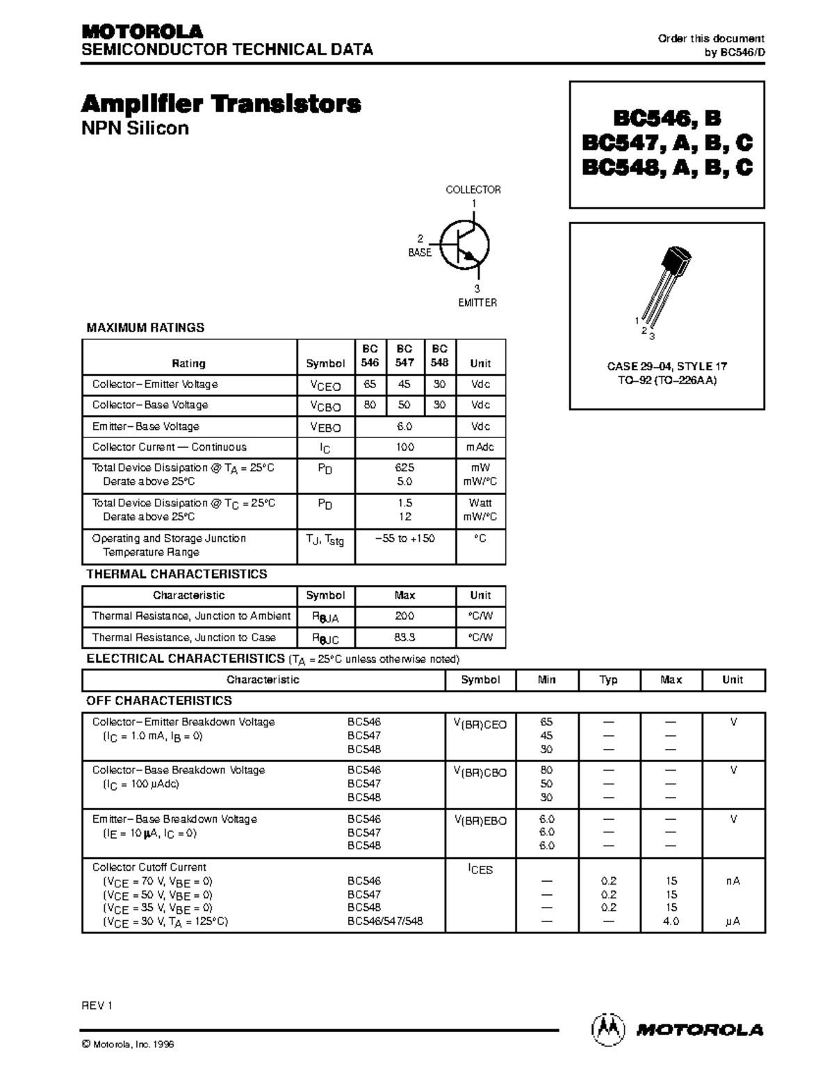 BC546 - Motorola Small–Signal Transistors, FETs and Diodes Device Data ...