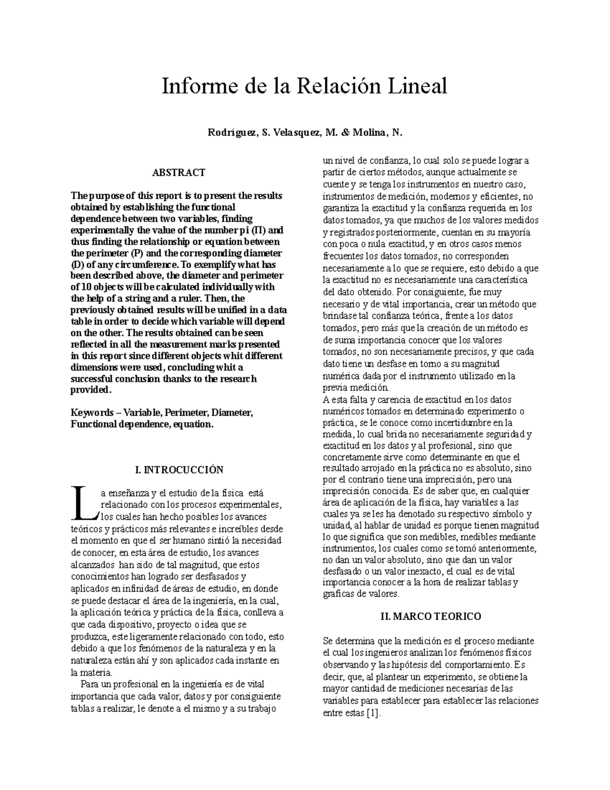 Informe De La Relación Lineal Informe De La Relación Lineal Rodríguez