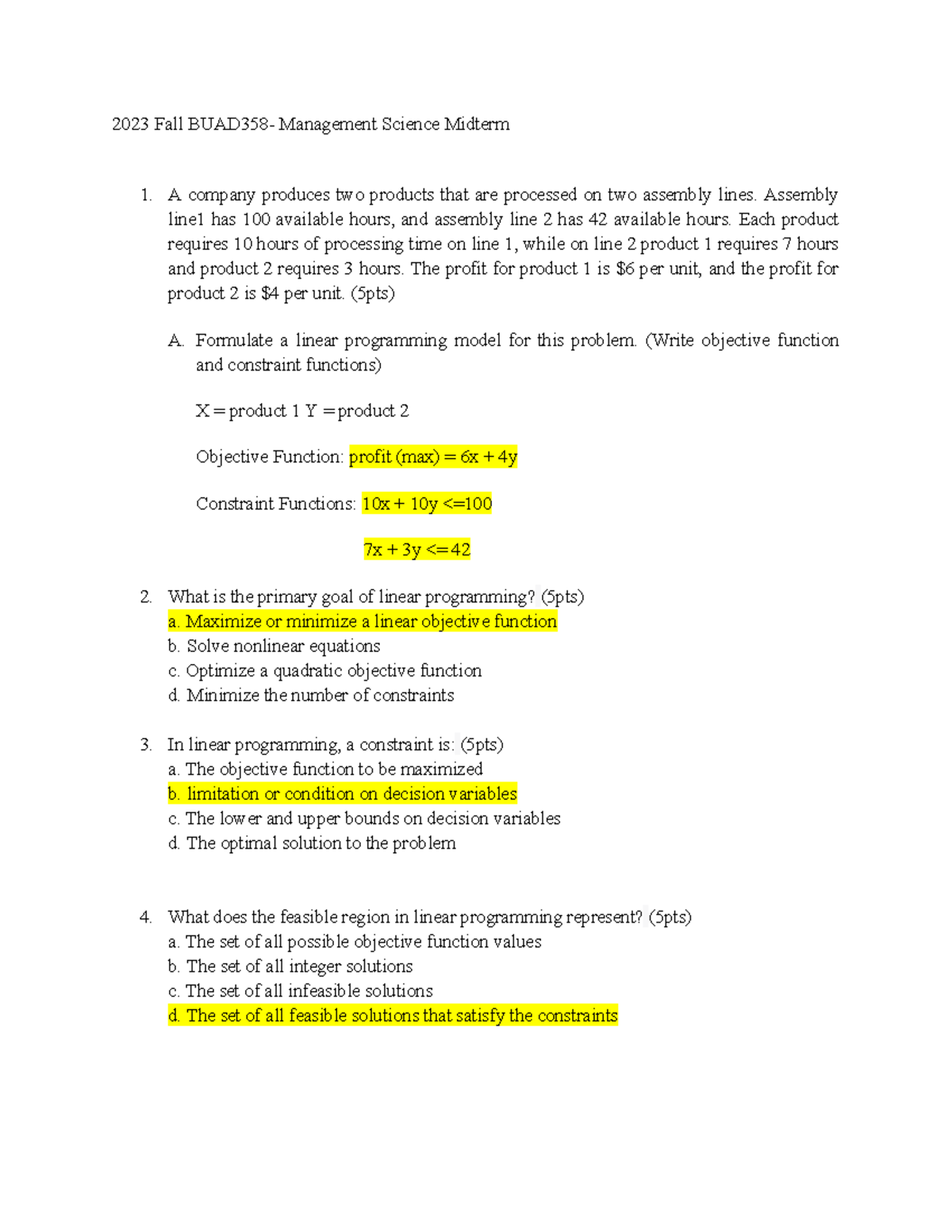 Midterm Management Science - 2023 Fall BUAD358- Management Science ...