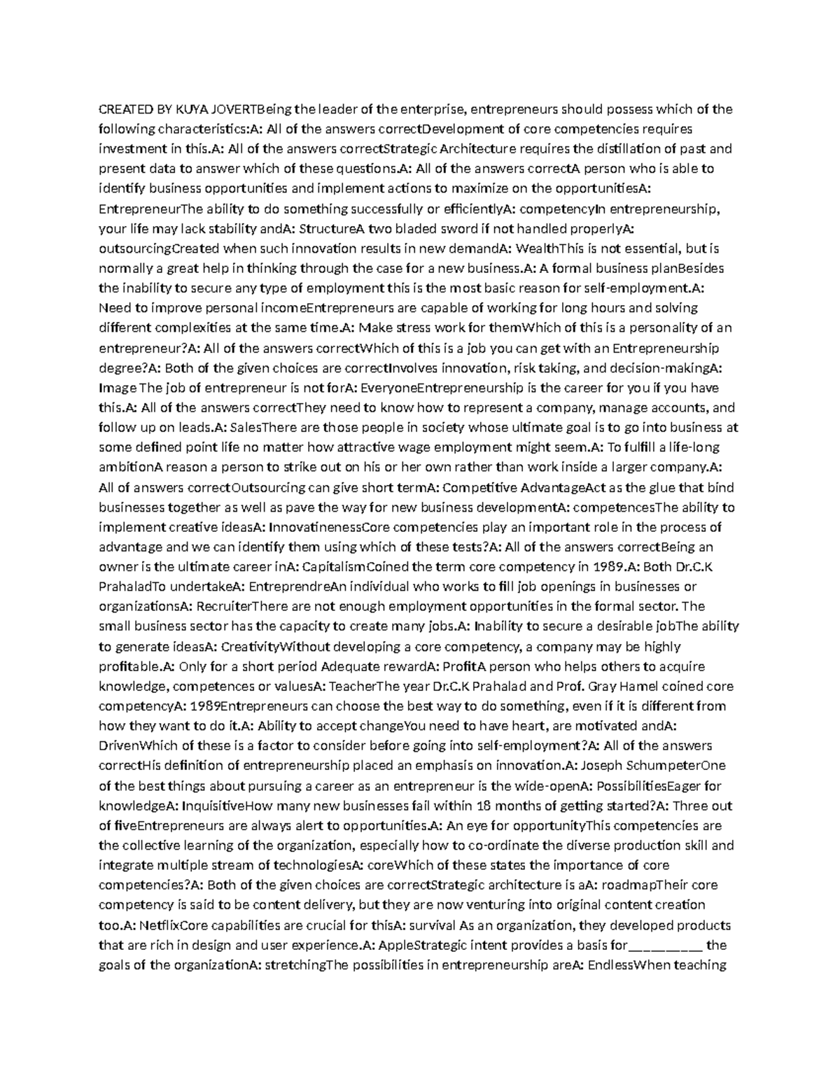 Entrepreneurship 2nd Sem Answers 1 - CREATED BY KUYA JOVERTBeing the ...