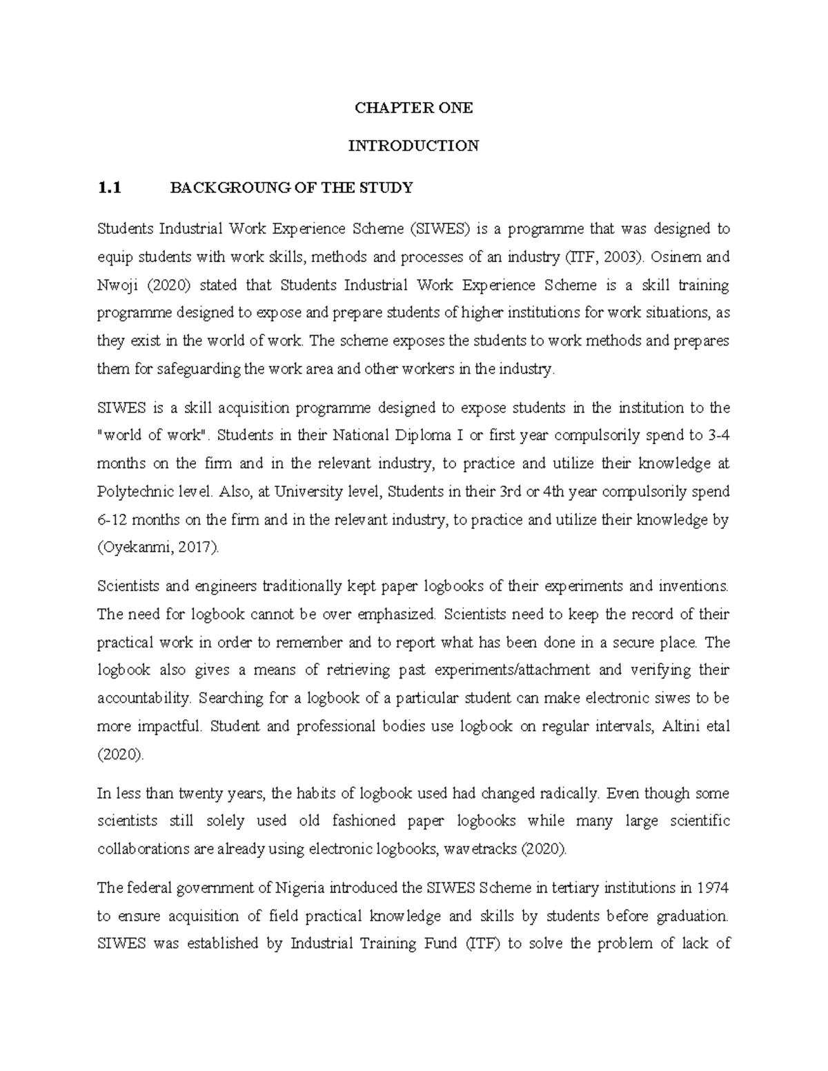 this is brief writeup of siwes report - CHAPTER ONE INTRODUCTION 1 ...