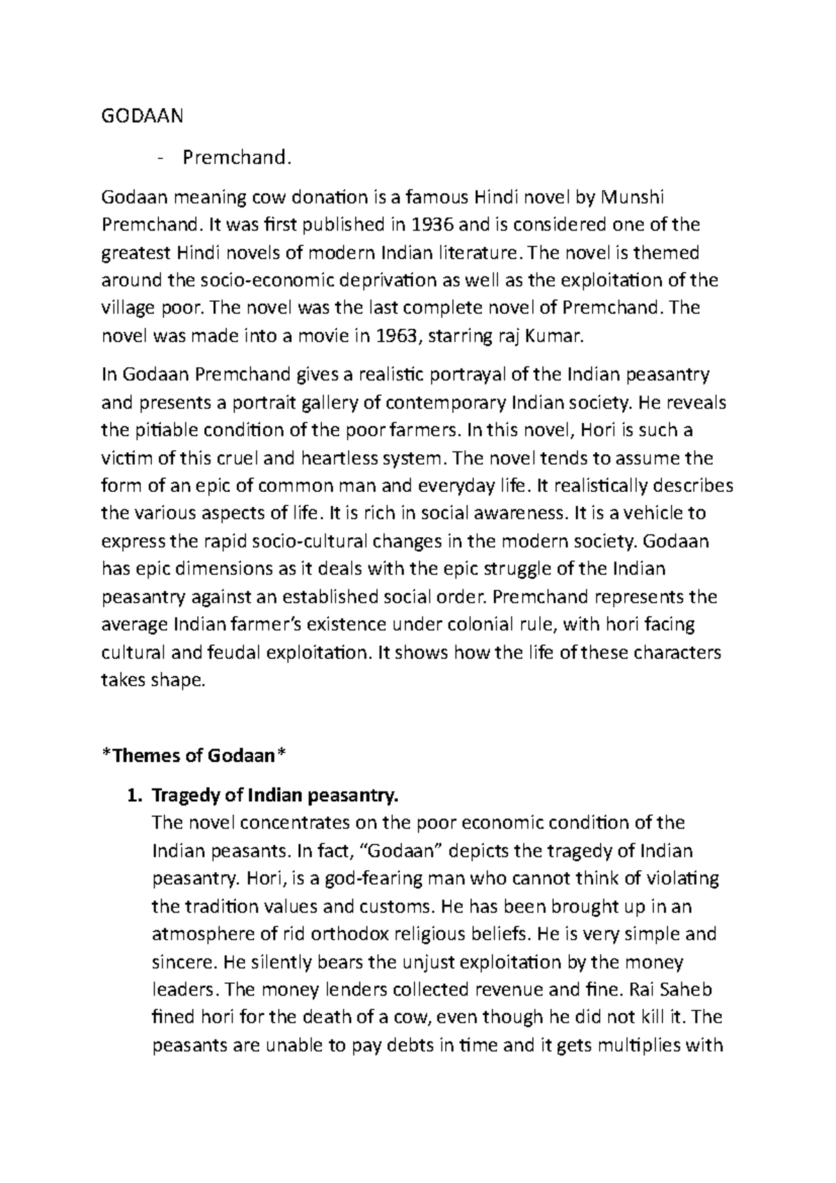 Godaan - important notes - GODAAN - Premchand. Godaan meaning cow ...