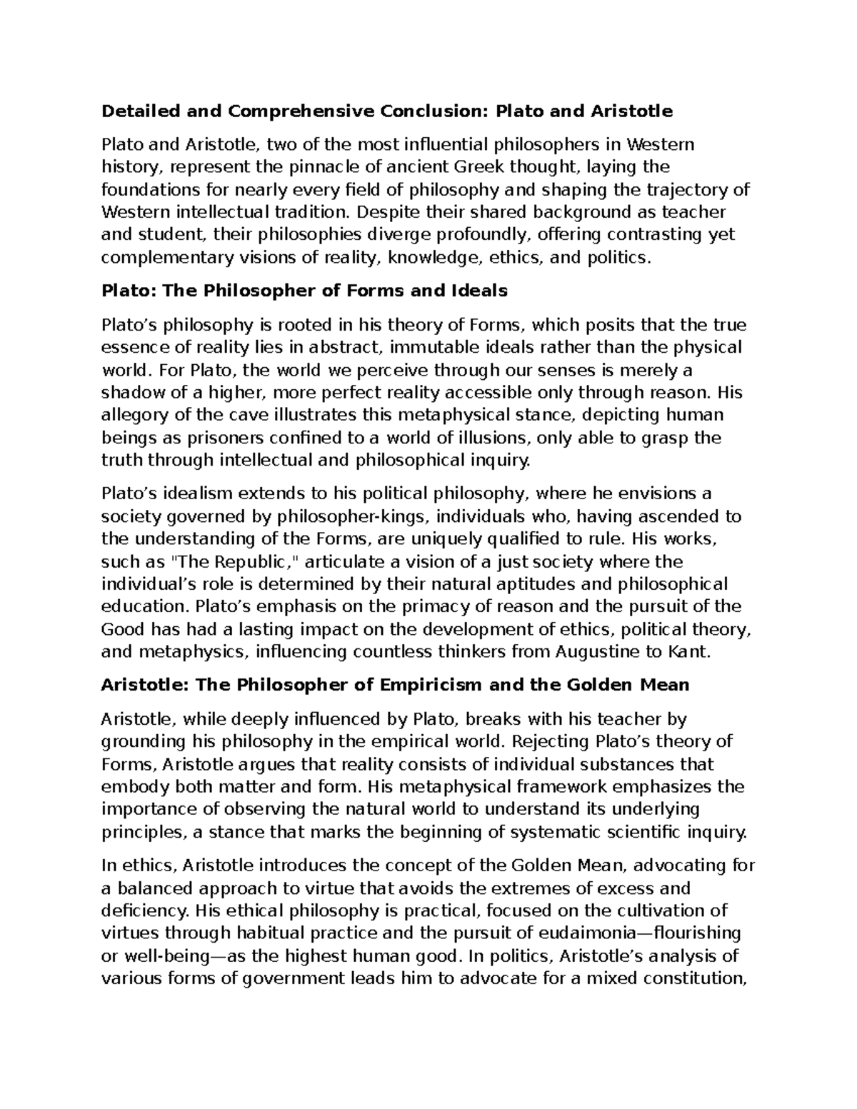 Detailed and Comprehensive Conclusion; Explanation (Aristotle and Plato ...