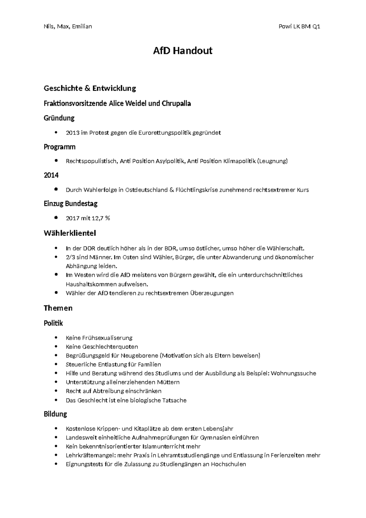 Afd Handout - Zusammenfassung zum Thema Afd - Nils, Max, Emilian Powi ...